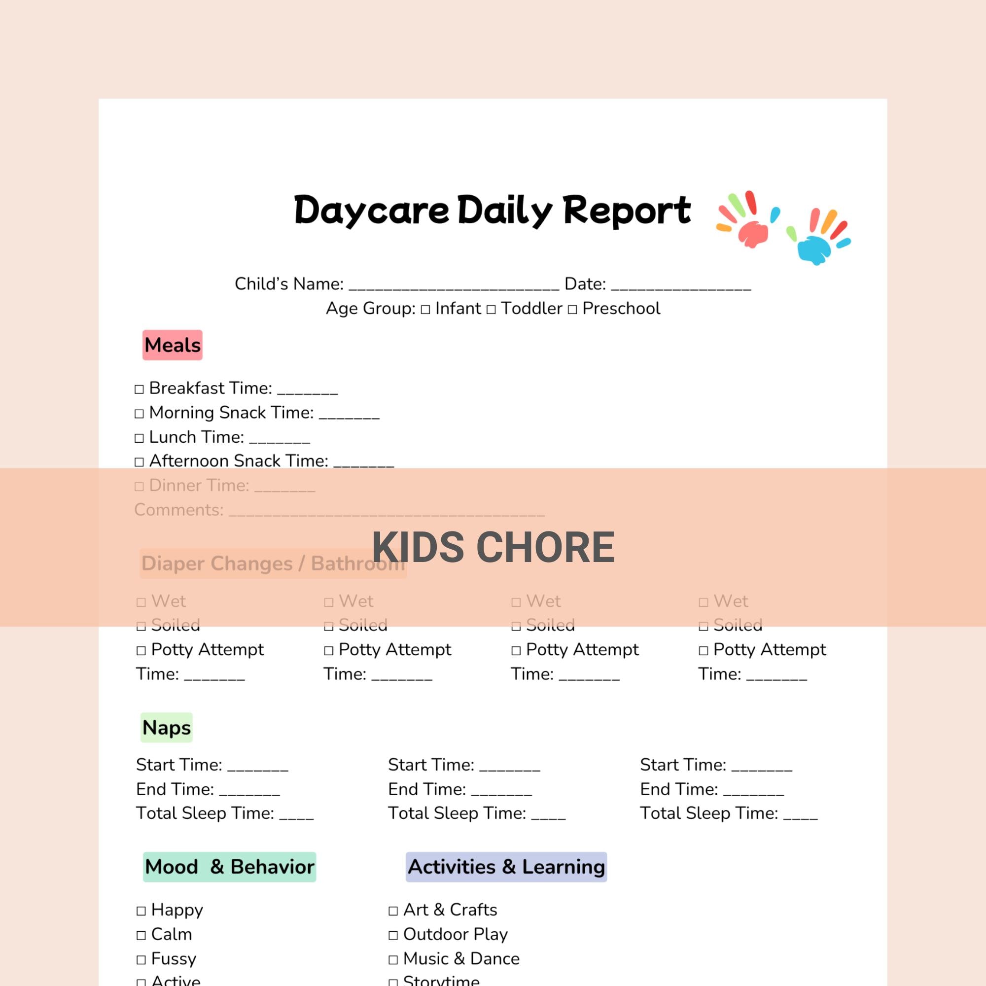 Printable Daycare Daily Report: Infant & Toddler Communication Log (PDF ...