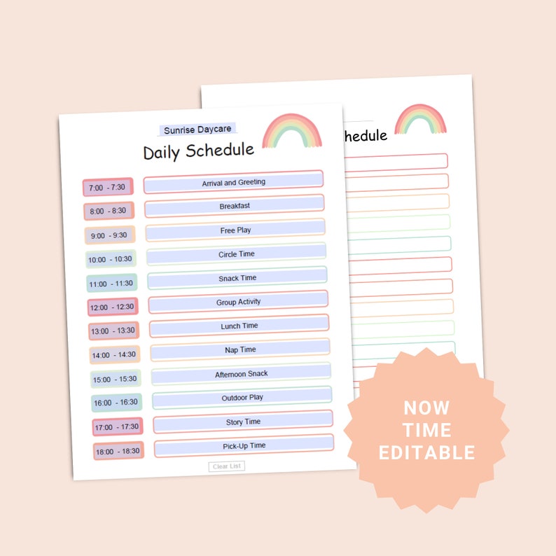 Editable Daycare Daily Schedule Planner (PDF Print) - Etsy