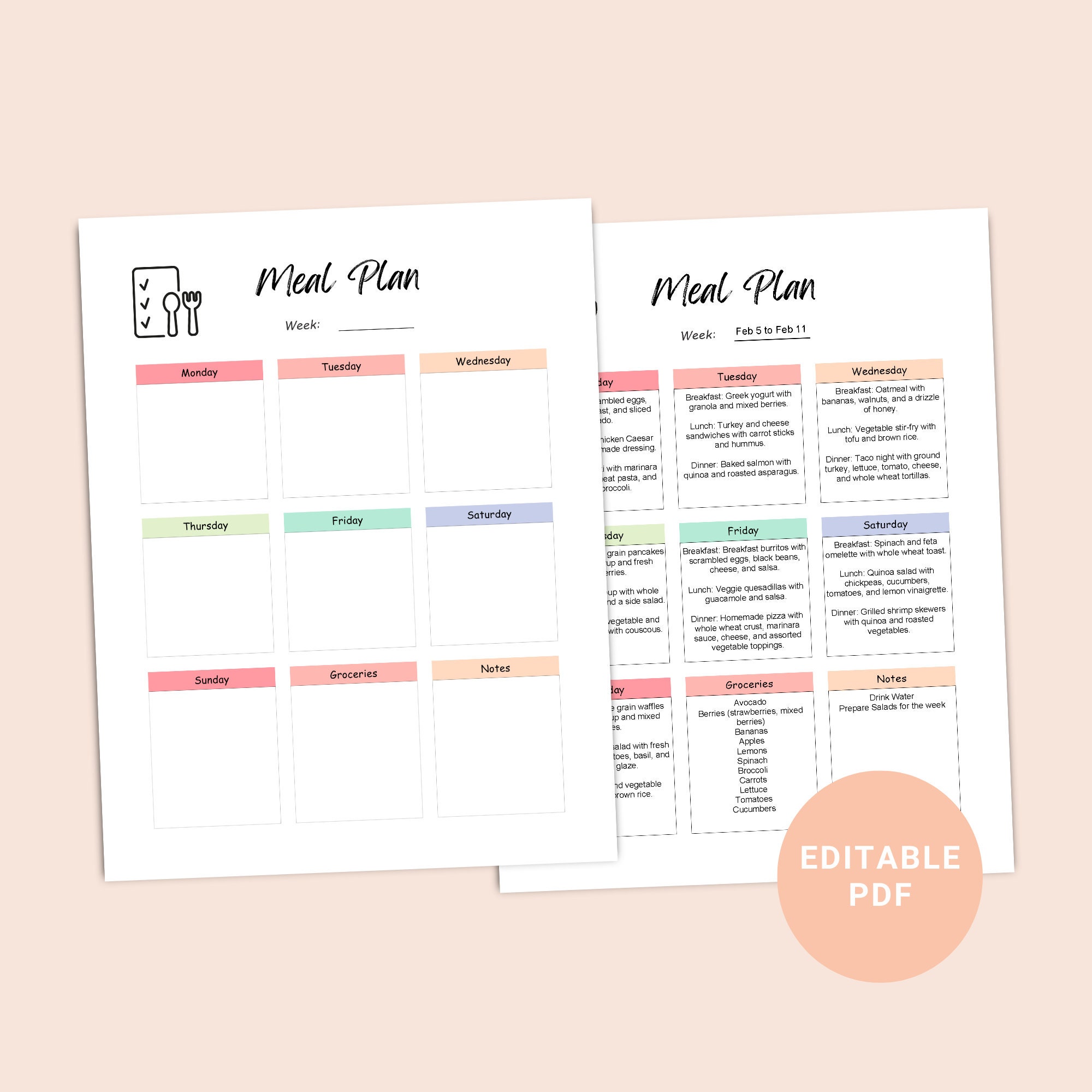 EDITABLE Weekly Meal Plan, Healthy Meal Planner, Customizable Weekly ...