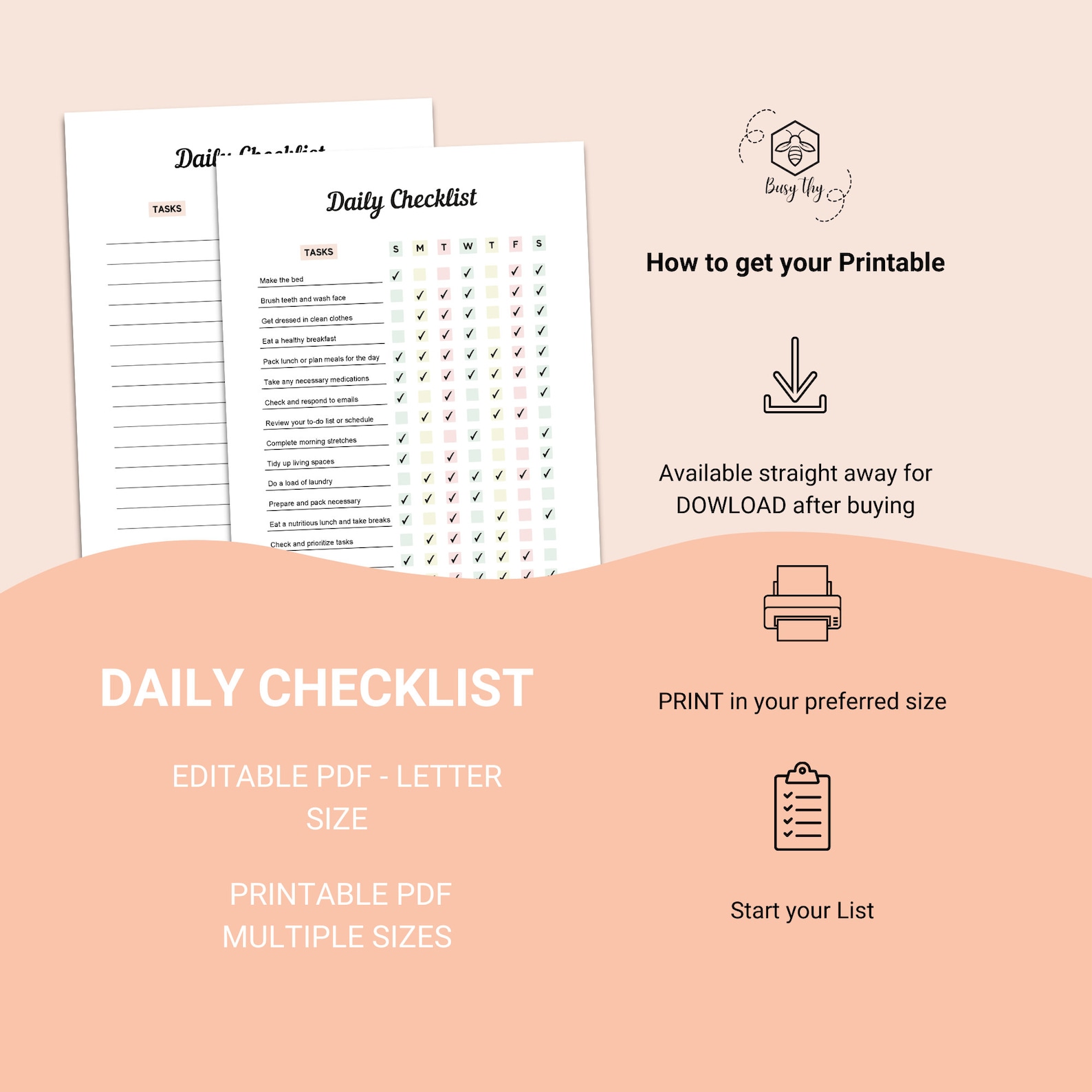 Editable Daily Checklist: Weekly Task Planner (printable PDF) - Etsy