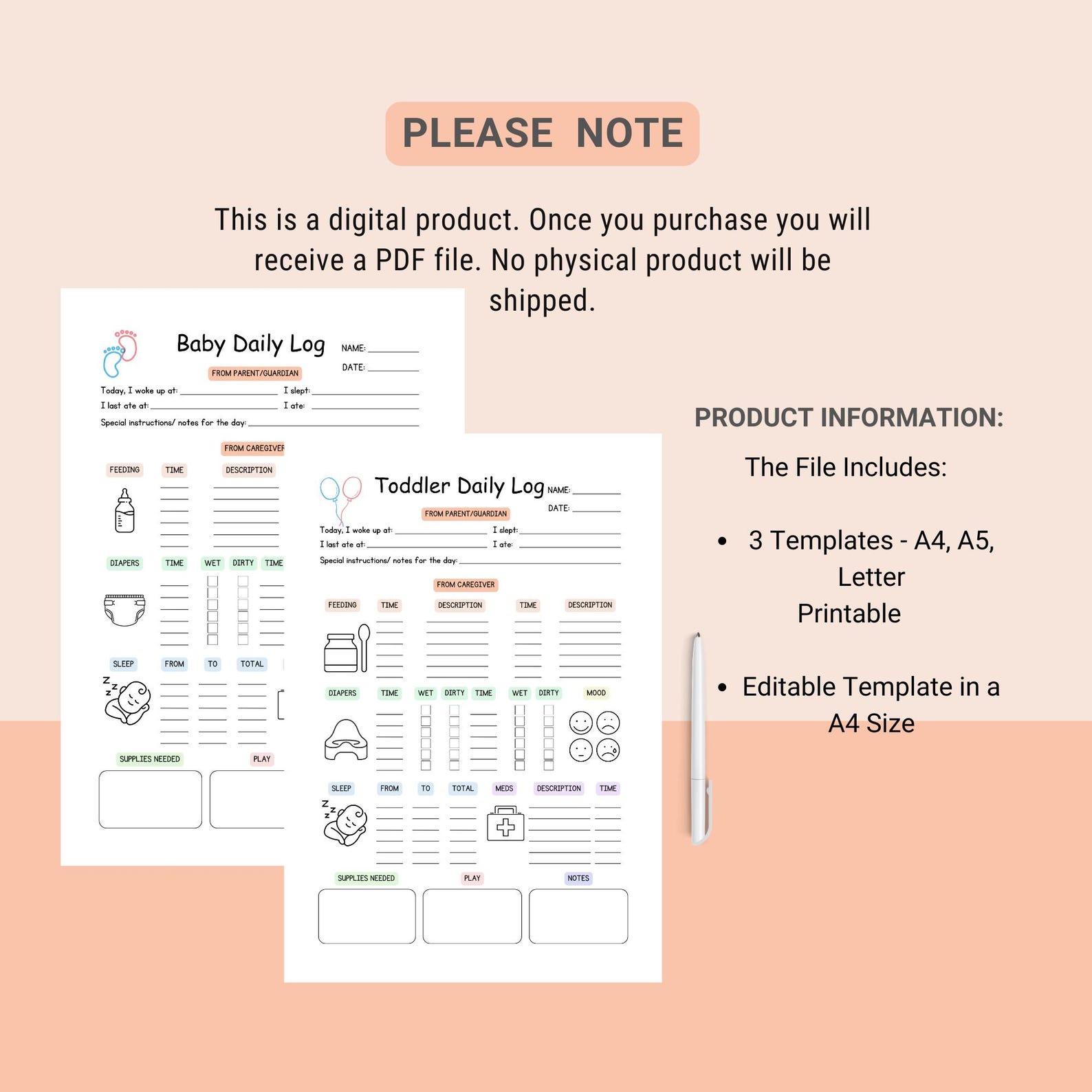 Editable Baby Daily Log: Printable Toddler Tracker (PDF) - Etsy