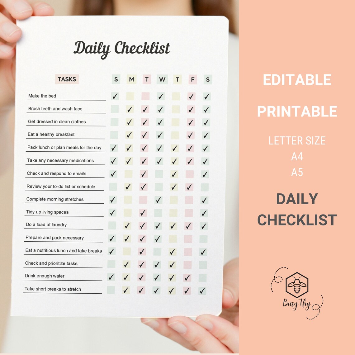 Editable Daily Checklist: Weekly Task Planner (printable PDF) - Etsy
