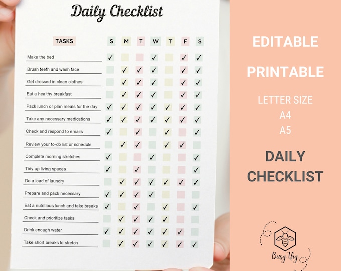 Editable Daily Checklist: Weekly Task Planner (printable PDF) - Etsy