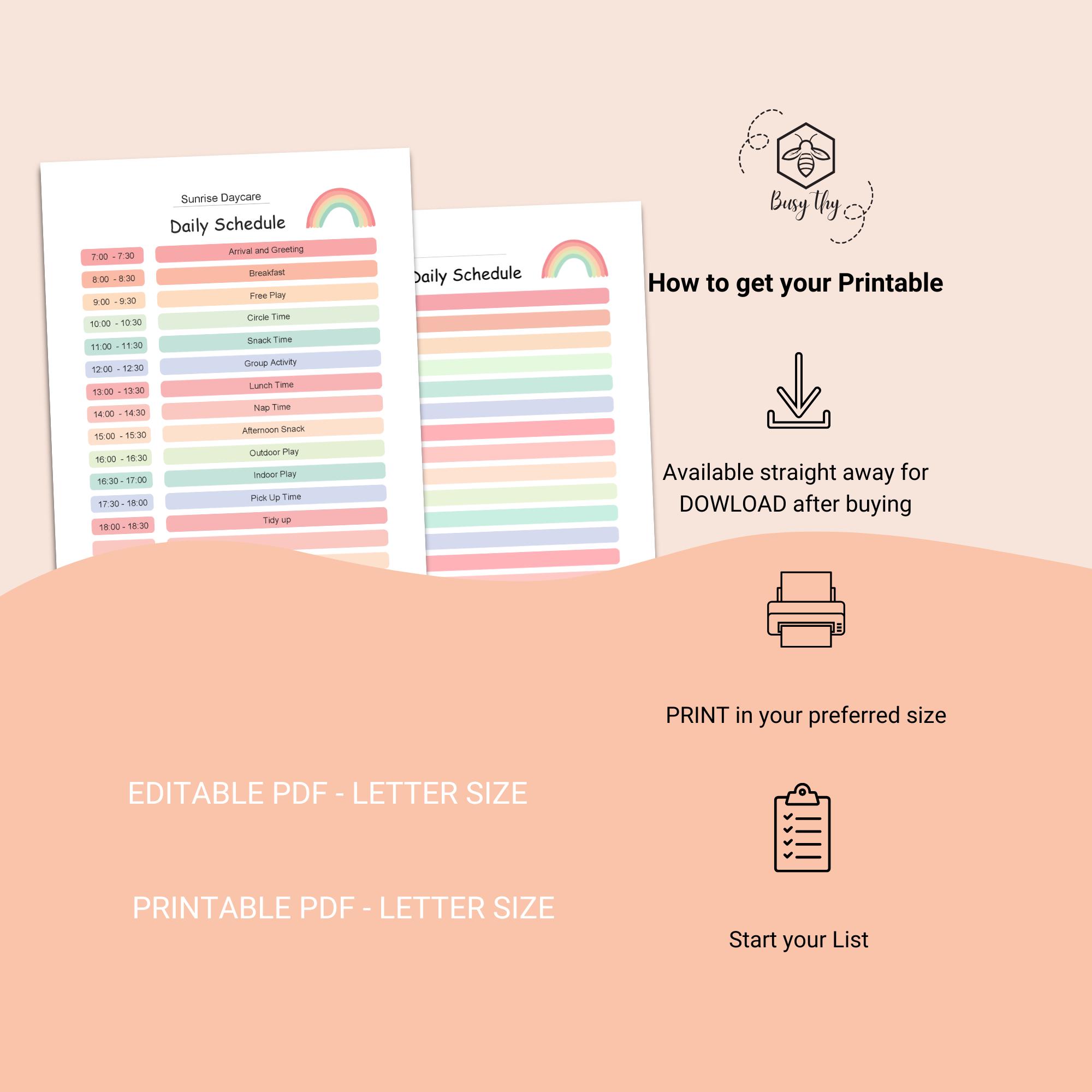 Editable Daycare Daily Schedule: Printable Classroom Planner (PDF) - Etsy