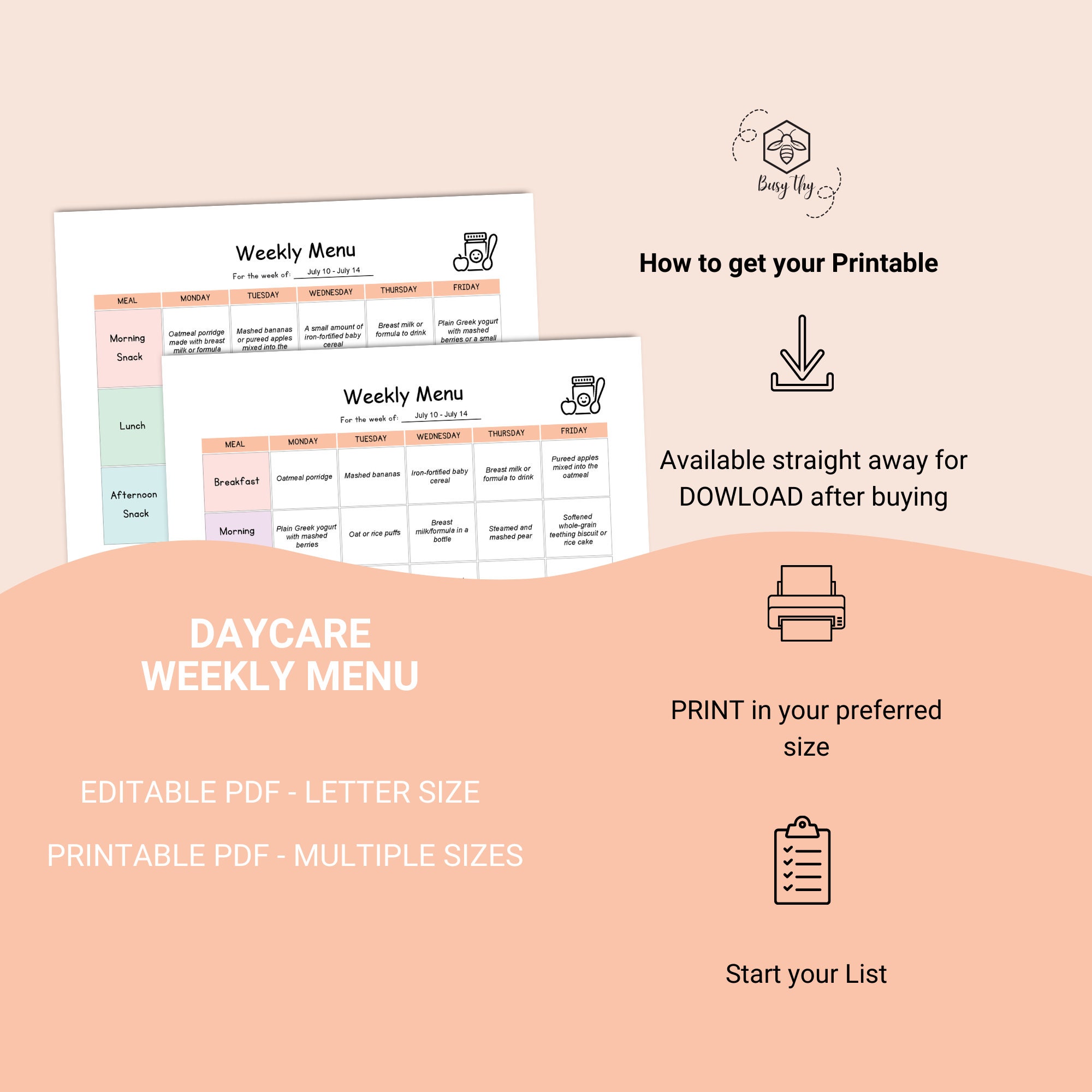 EDITABLE Daycare Meals, Printable Weekly Menu, Baby Meal Plan, Baby ...