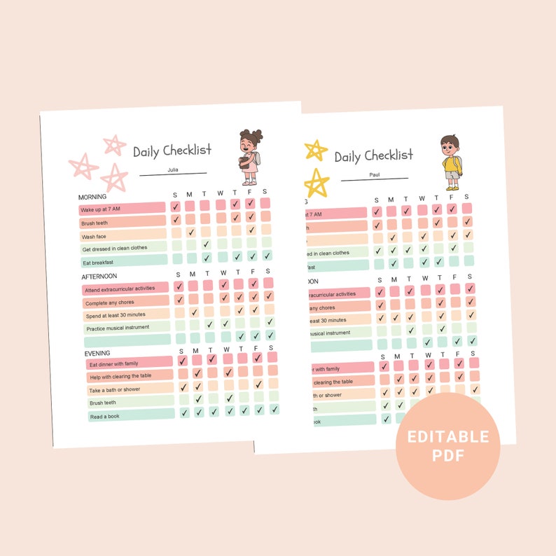 EDITABLE Kids Daily School Checklist Schedule Printable, Chore Chart ...