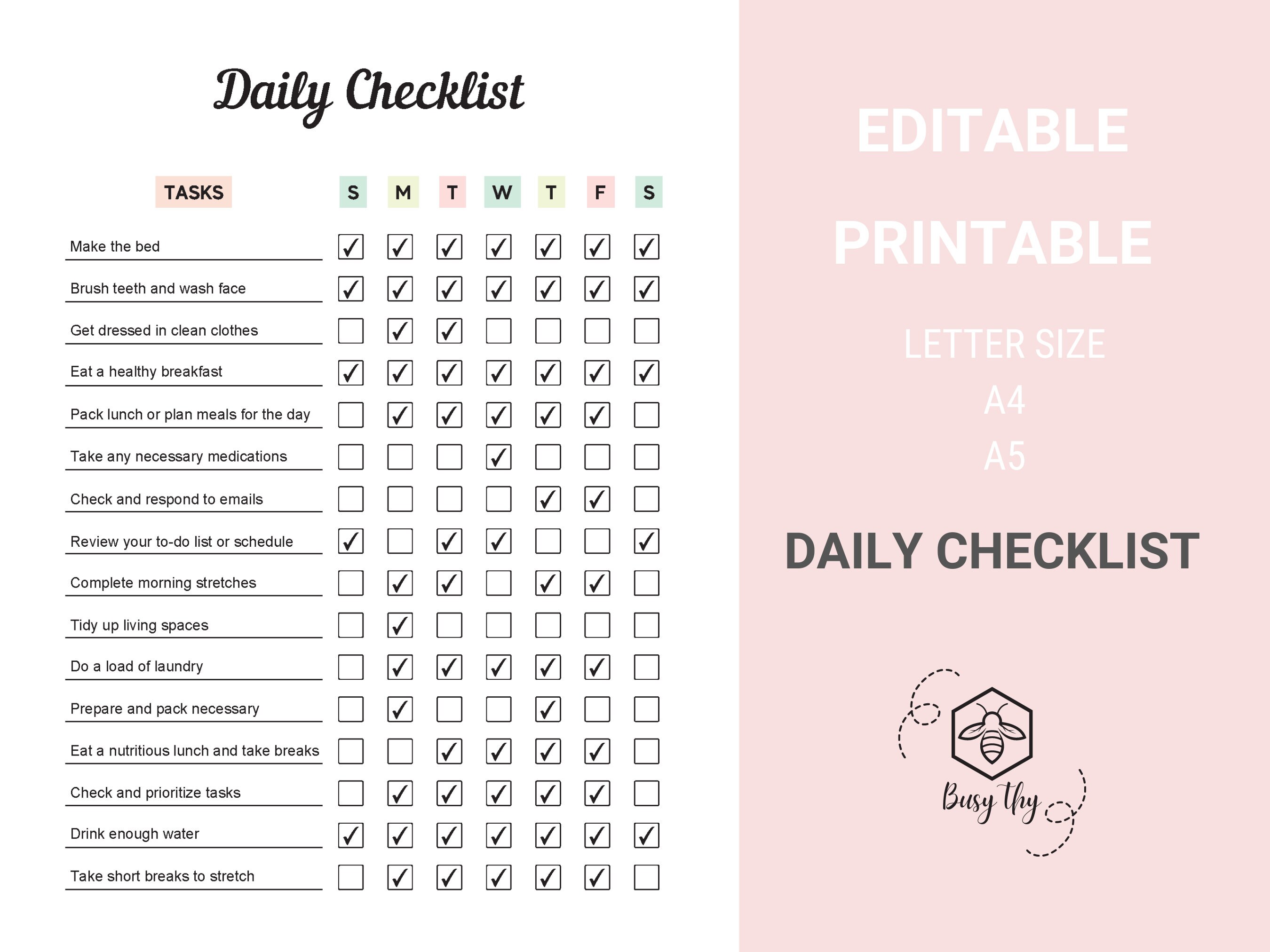 EDITABLE Daily Checklist Weekly Checklist Daily Task Weekly - Etsy Canada