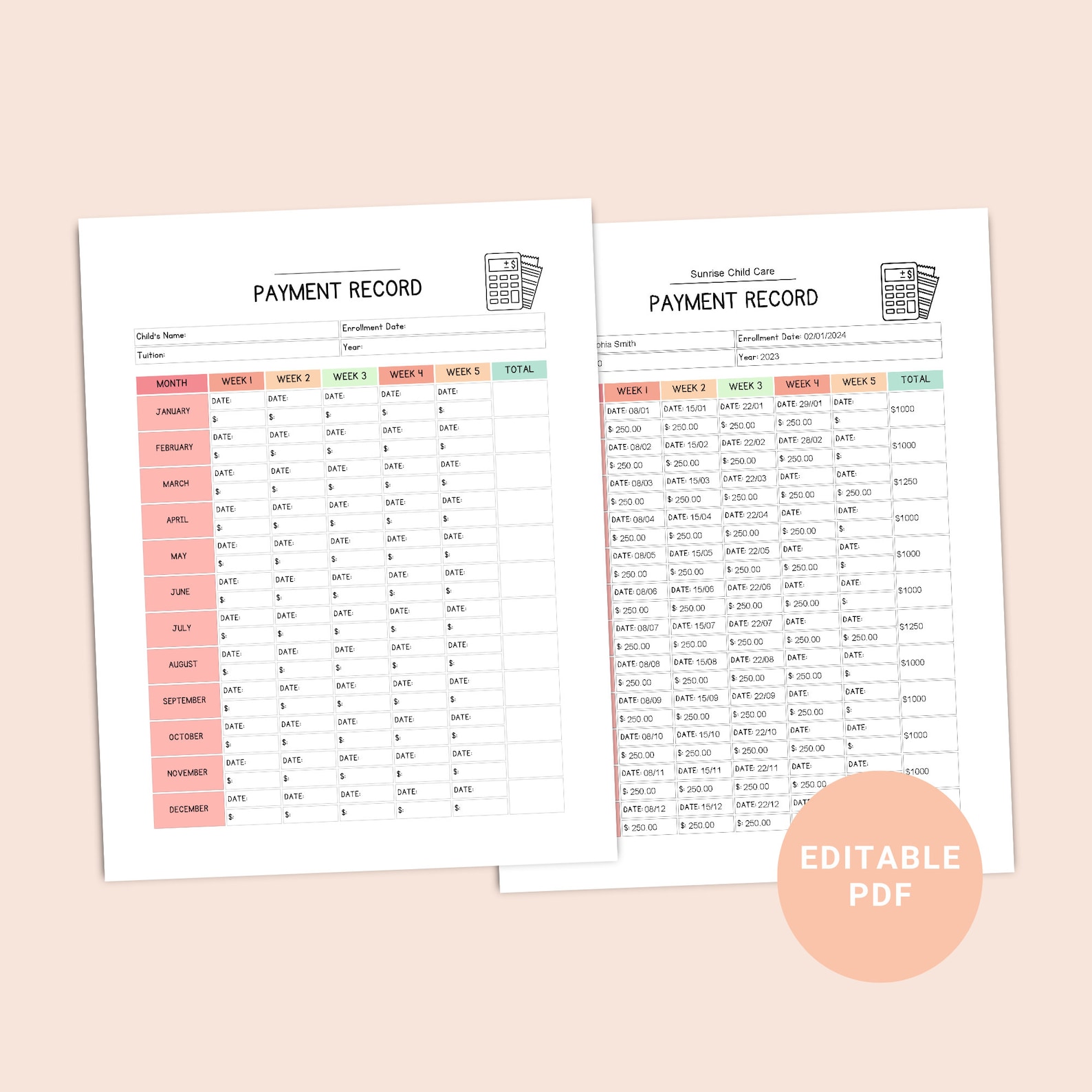 Editable Daycare Payment Tracker: Printable Record (letter/a4) - Etsy