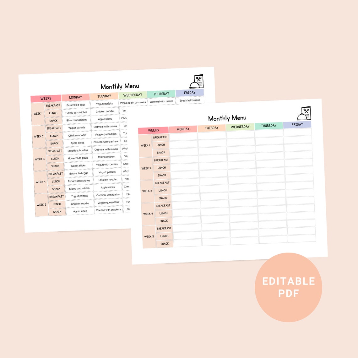 Editable Monthly Daycare Menu Planner (printable PDF) - Etsy