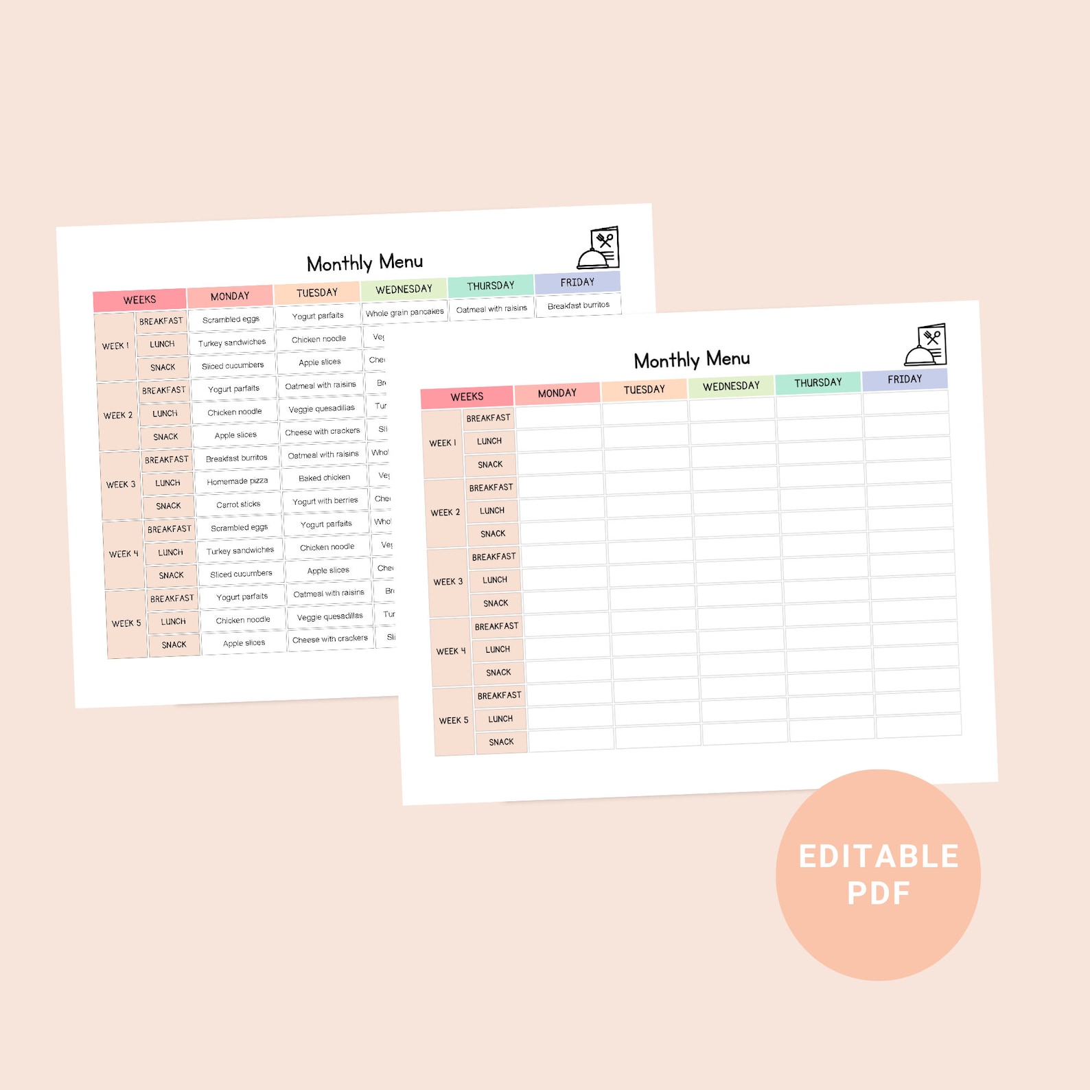 EDITABLE Printable Monthly Daycare Menu, Daycare Menu, Monthly Meal ...