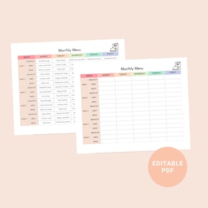 EDITABLE Printable Monthly Daycare Menu, Daycare Menu, Monthly Meal ...