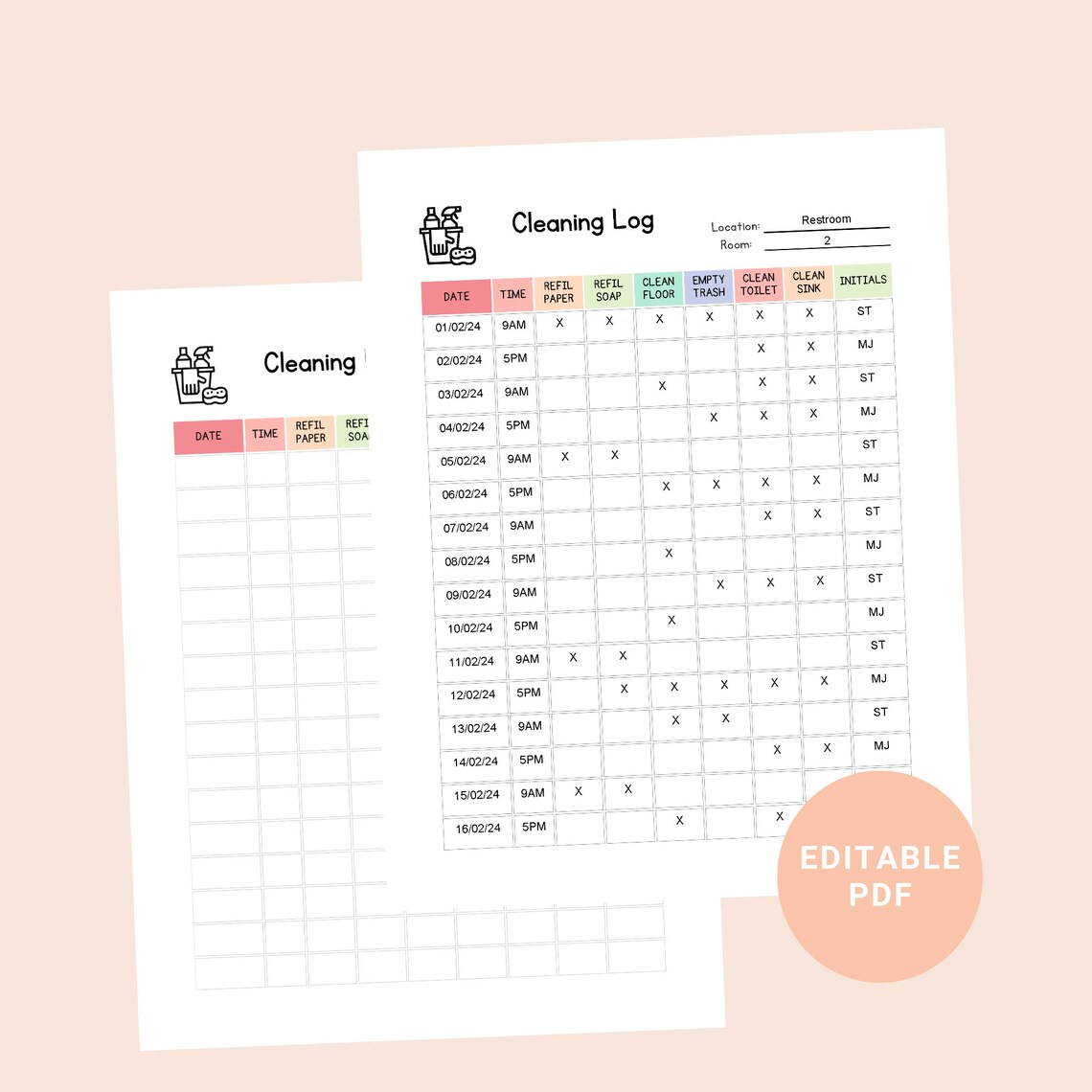 EDITABLE Restroom Cleaning Log Printable, Printable Cleaning Log for ...