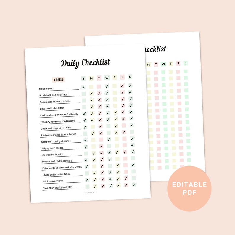 EDITABLE Daily Checklist, Weekly Checklist, Daily Task, Weekly to Do ...