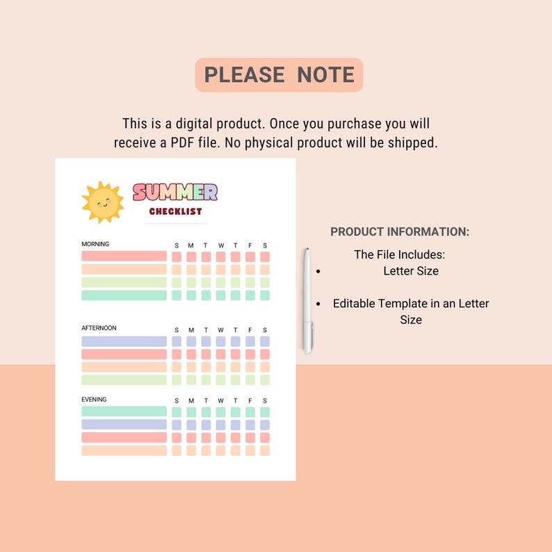 EDITABLE Summer Daily Checklist for Kids Morning, Afternoon & Evening ...