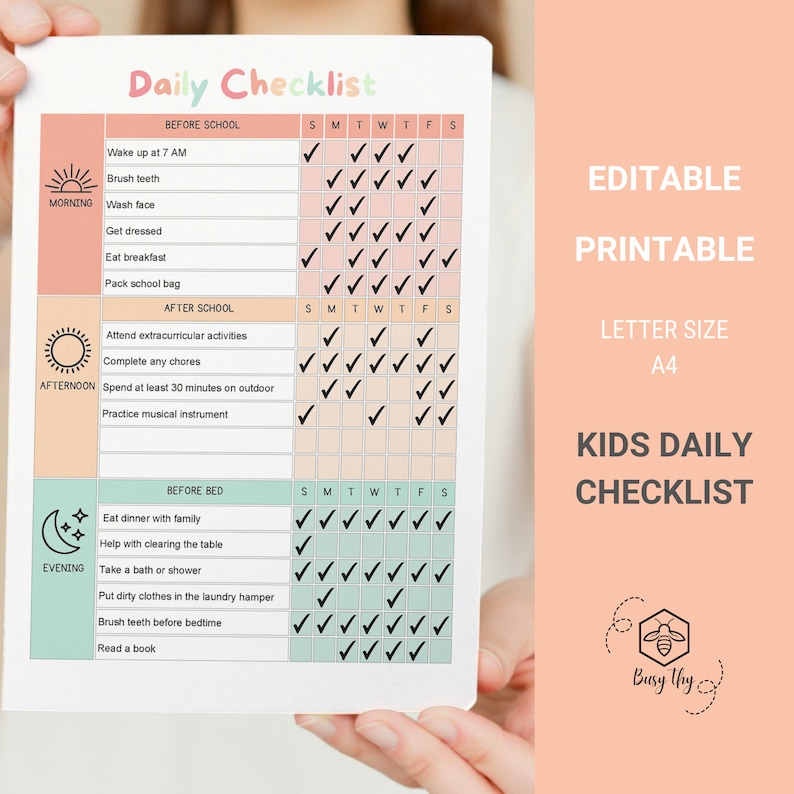 EDITABLE Kids' Daily Routine Chart, Printable Checklist, Colorful Daily ...