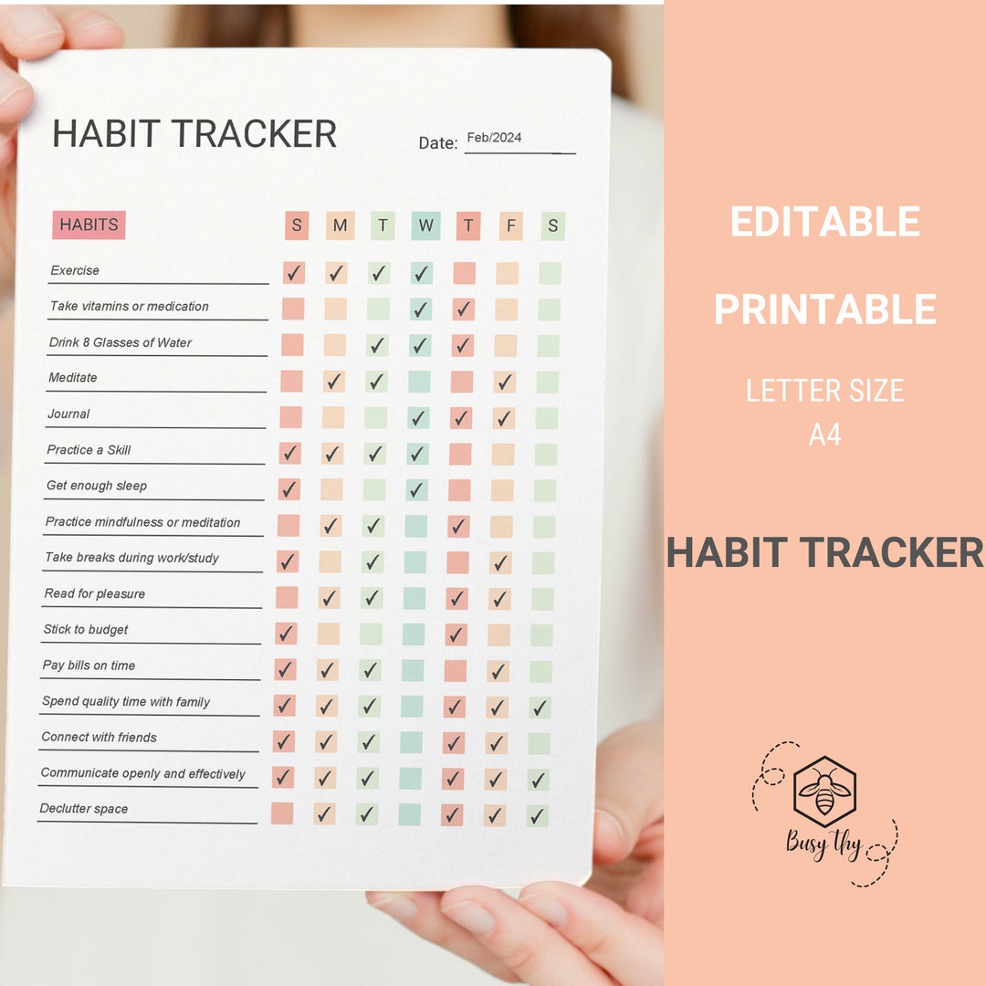 EDITABLE Printable Habit Tracker List, Weekly Habit Tracker, Habit ...