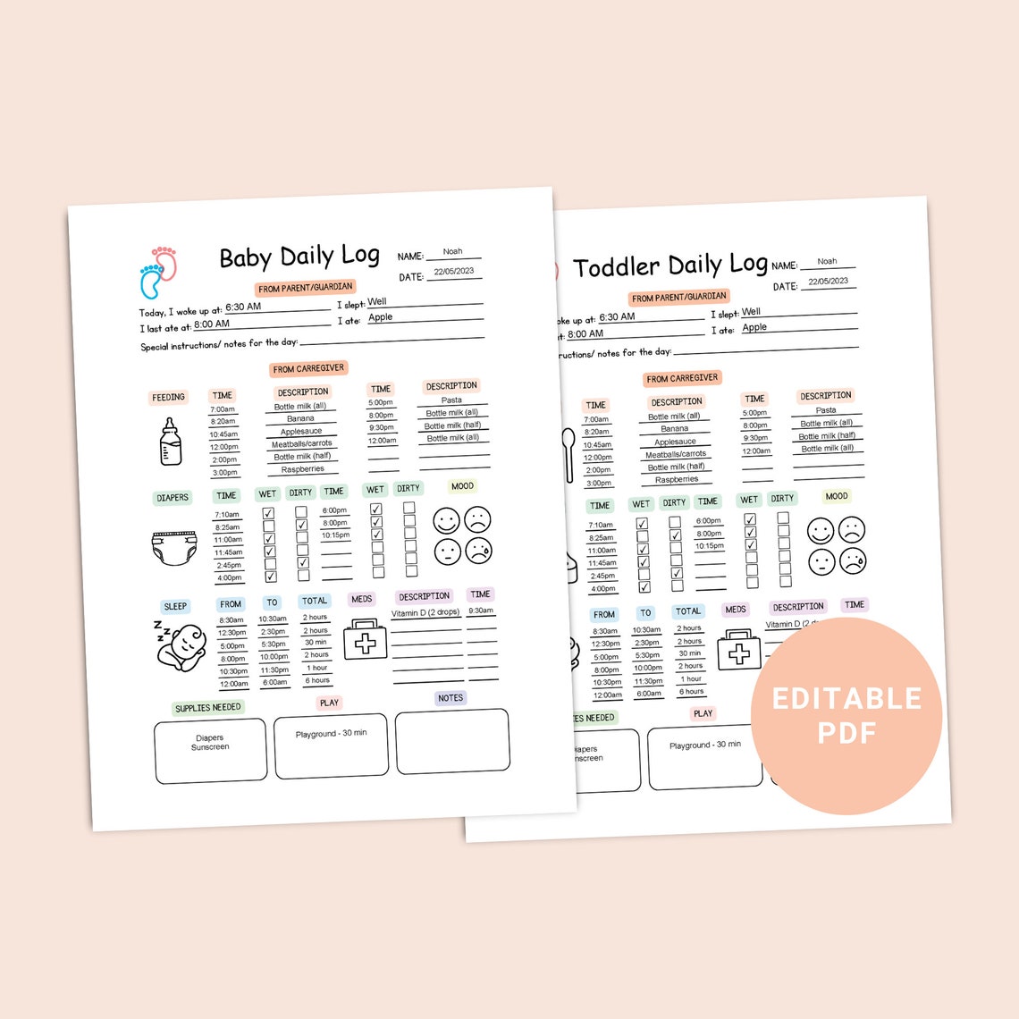 EDITABLE Baby Daily Log, Infant Daily Log, Toddler Daily Report, Baby ...