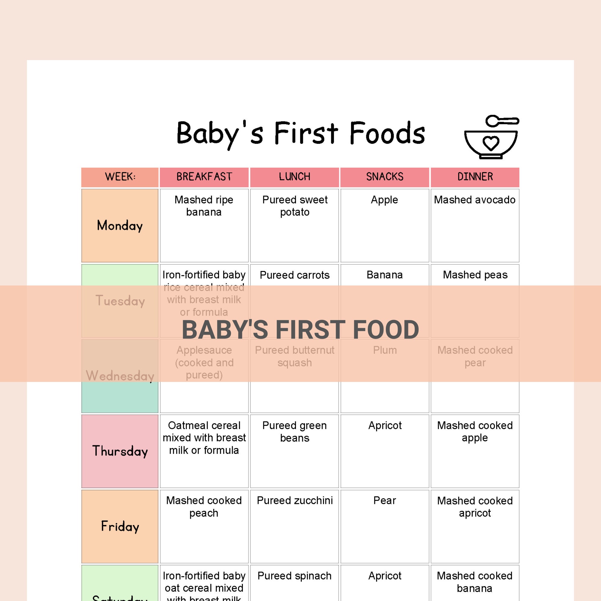 EDITABLE Printable Baby Food Weekly Meal Planner, Baby’s First Foods ...