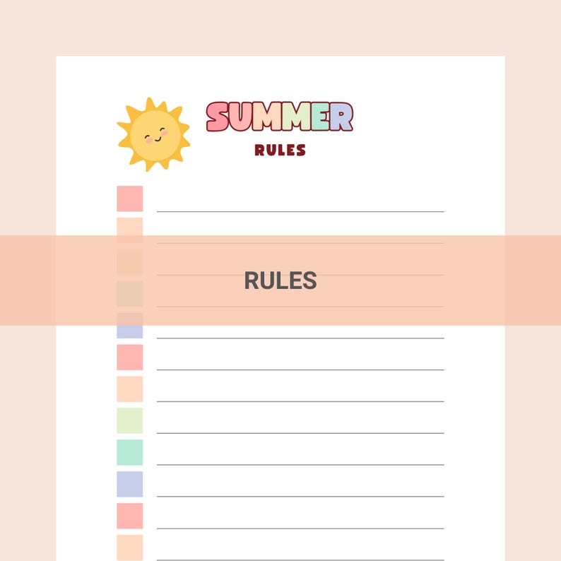 Summer Rules Chart for Kids: Pastel Design, Write-your-own (PDF ...