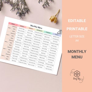 EDITABLE Printable Monthly Daycare Menu, Daycare Menu, Monthly Meal ...