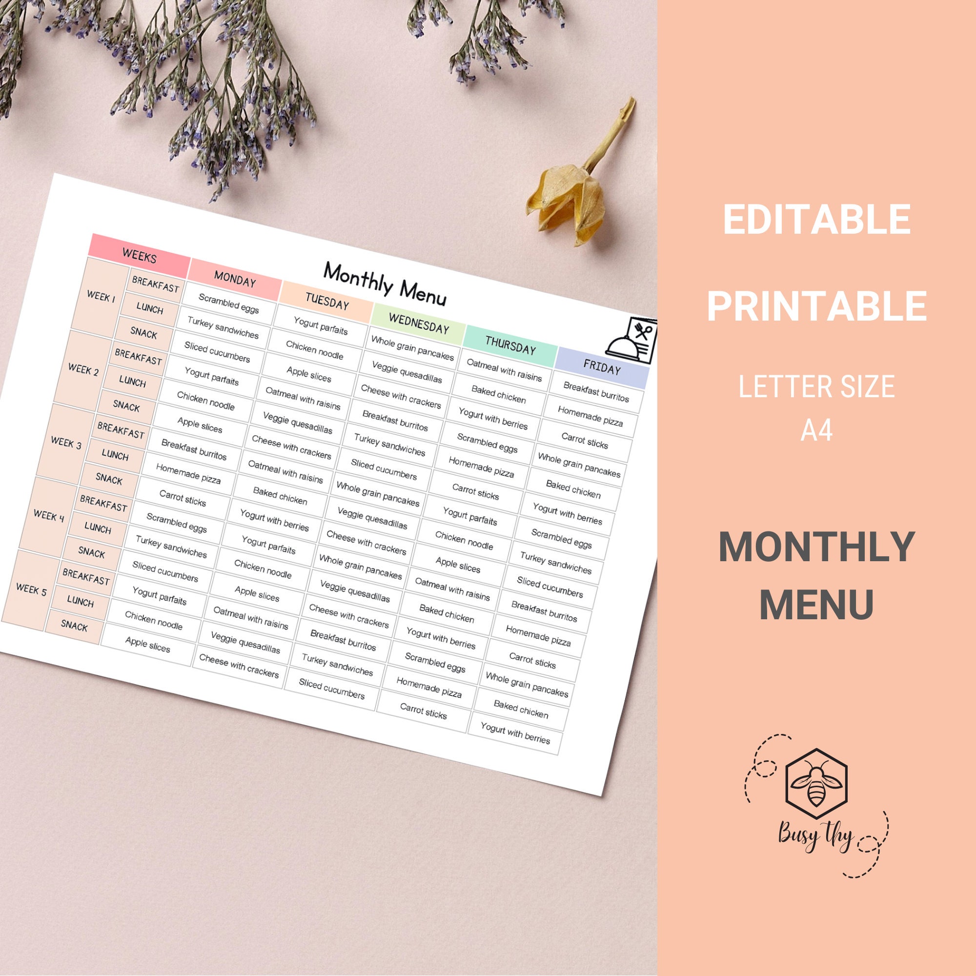 EDITABLE Printable Monthly Daycare Menu, Daycare Menu, Monthly Meal ...