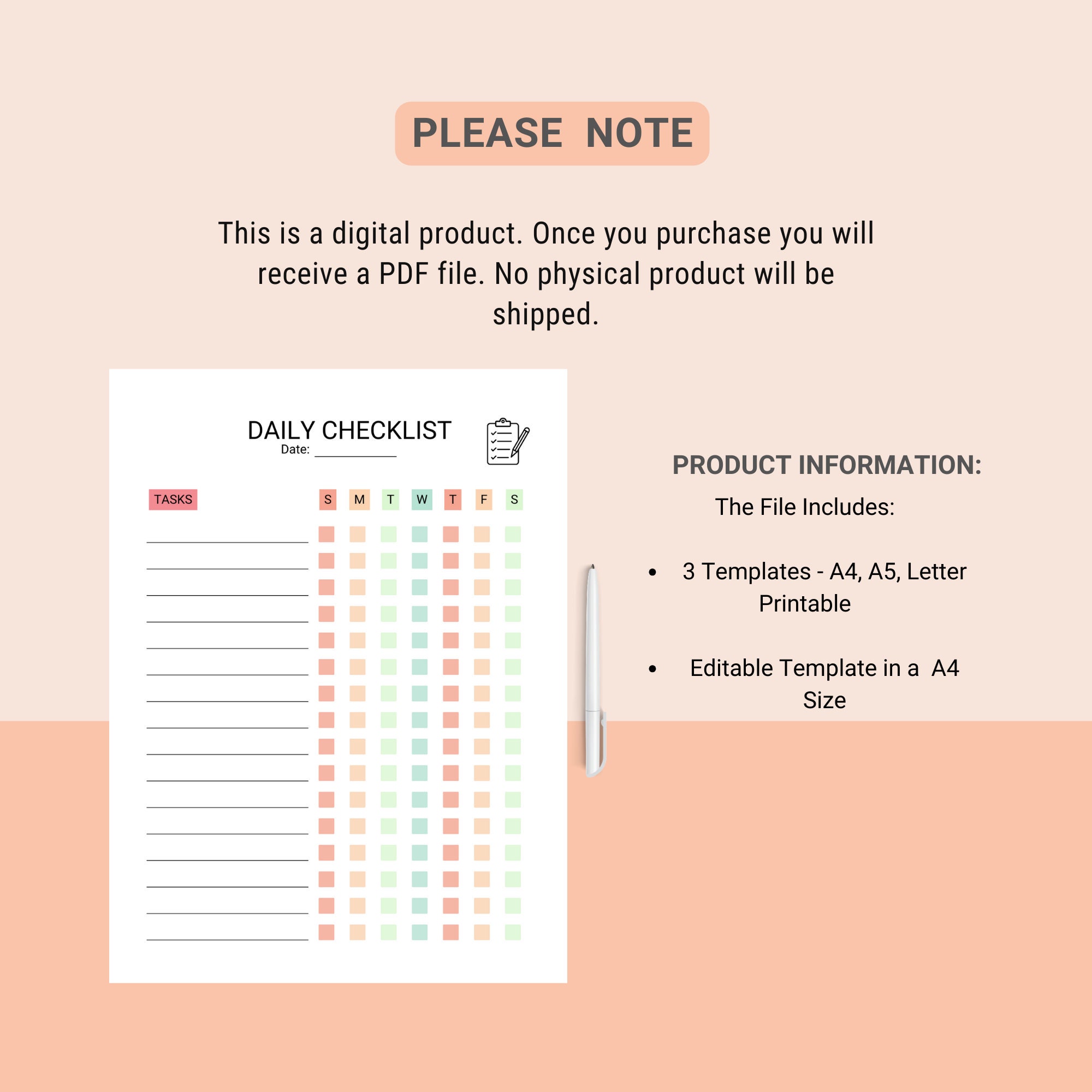 Editable Daily Checklist: Weekly Task Planner (letter & A4 PDF) - Etsy