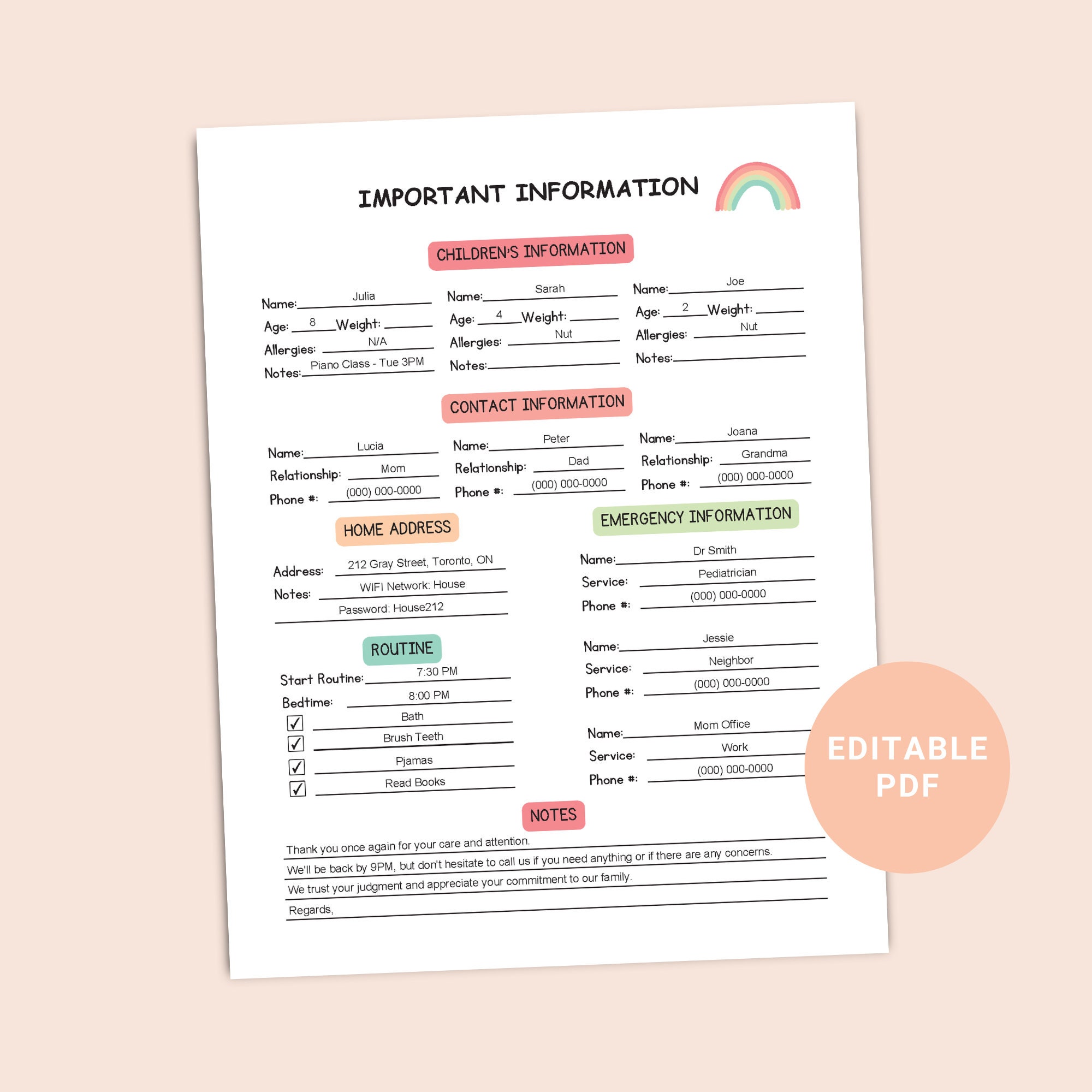 EDITABLE Baby Information, Baby Log, Emergency Contacts, Parenting Tool ...