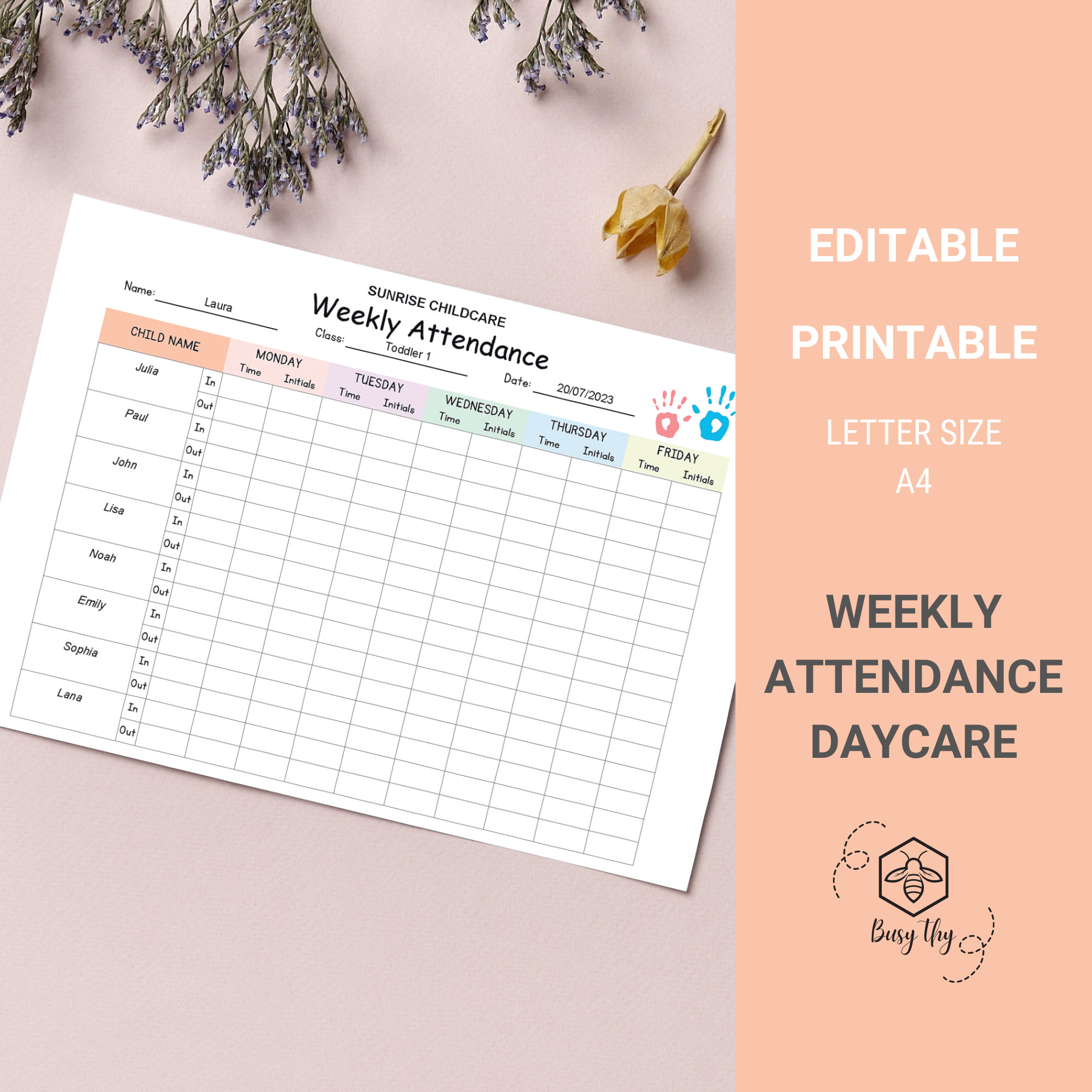 Editable Weekly Daycare Attendance Tracker (letter & A4 PDF) - Etsy