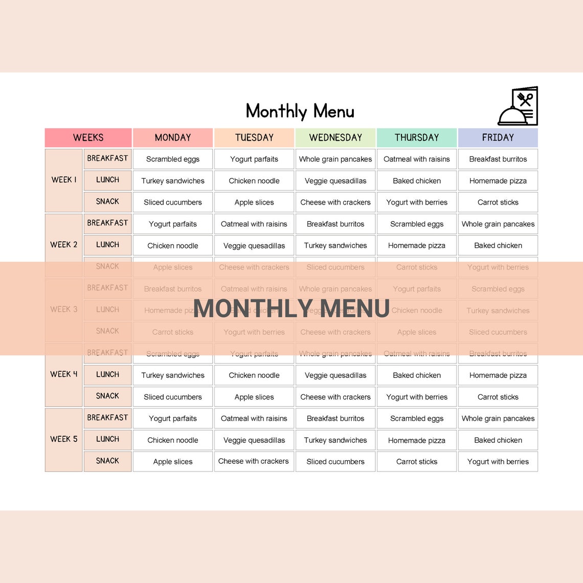 EDITABLE Printable Monthly Daycare Menu, Daycare Menu, Monthly Meal ...