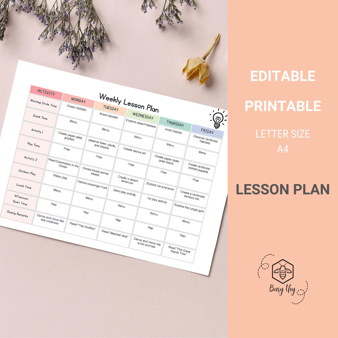 Editable Weekly Lesson Plan Template: Printable Teacher Planner (PDF ...