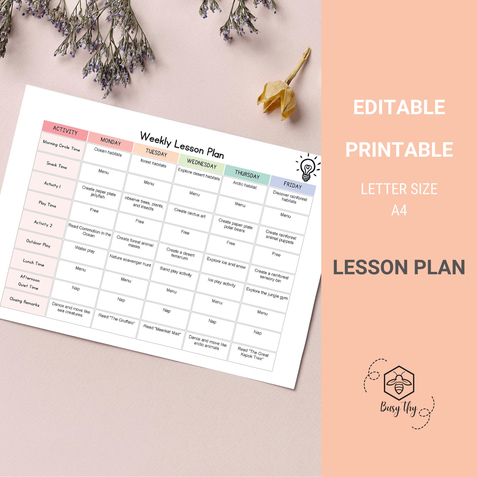 Editable Weekly Lesson Plan Template: Printable Teacher Planner (PDF ...