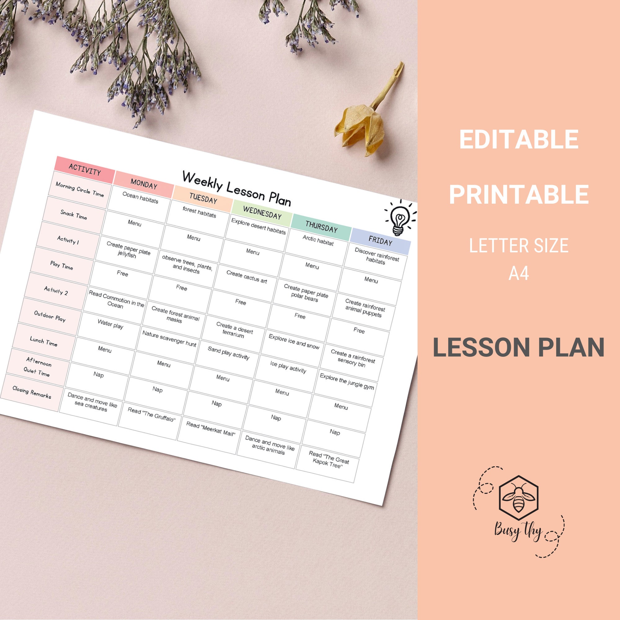 Editable Weekly Lesson Plan Template: Printable Teacher Planner (PDF ...