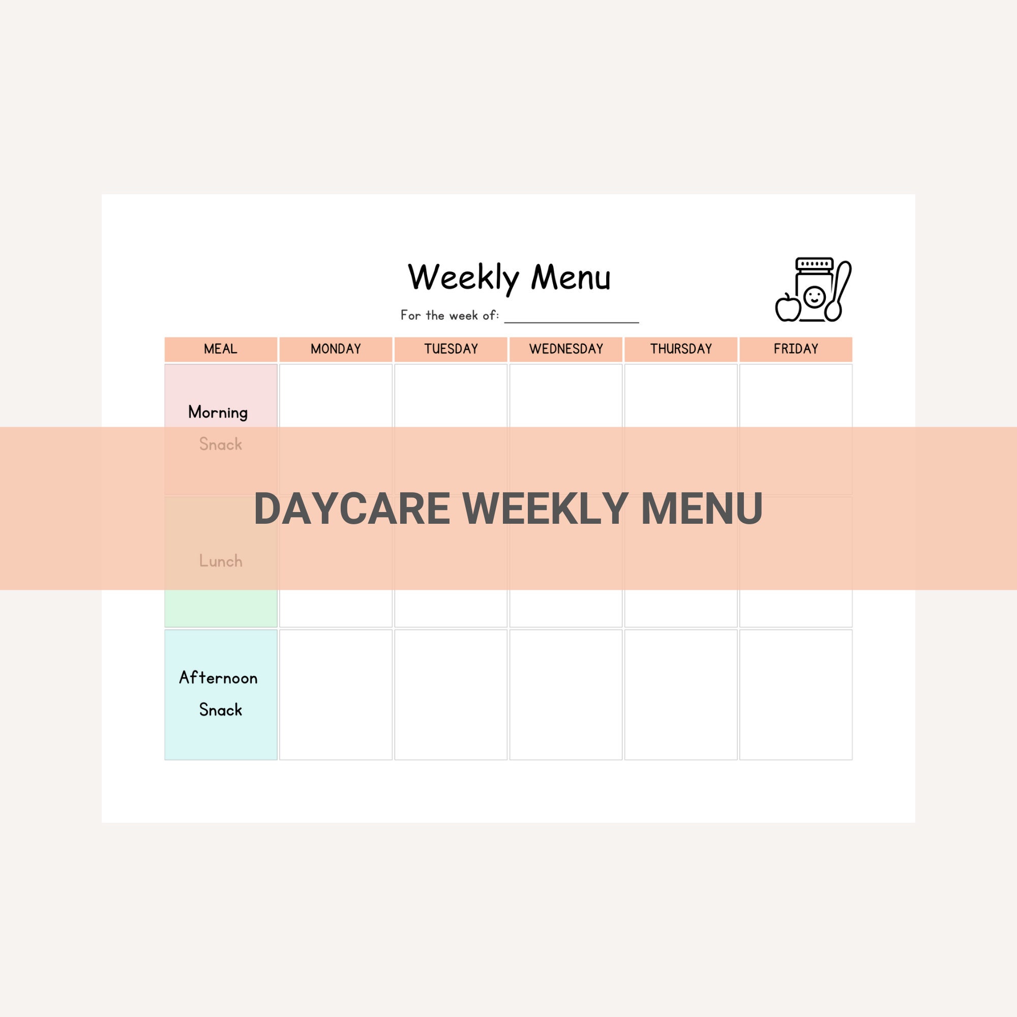 EDITABLE Daycare Meals, Printable Weekly Menu, Baby Meal Plan, Baby ...
