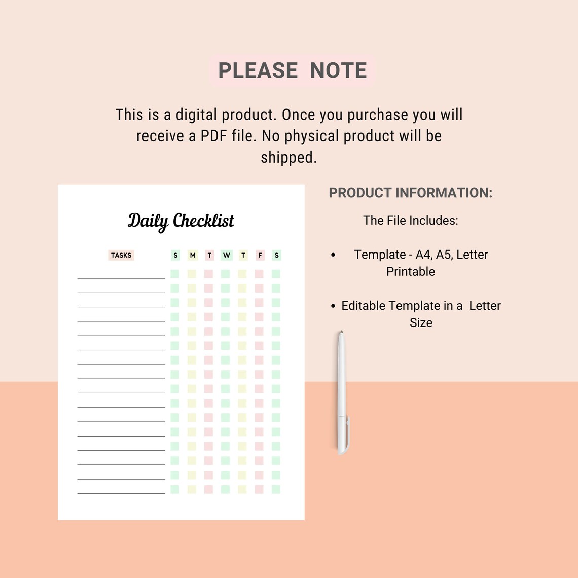Editable Daily Checklist: Weekly Task Planner (printable PDF) - Etsy