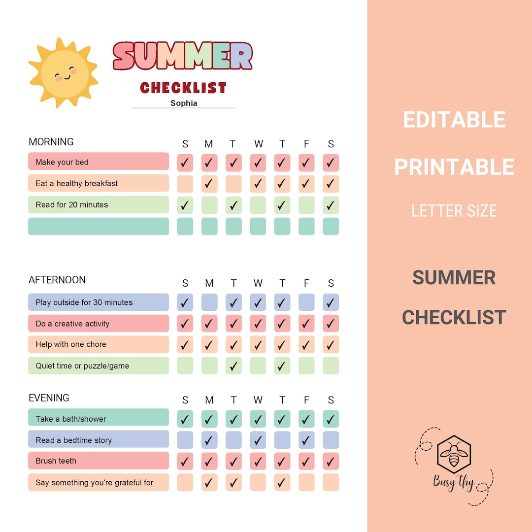 EDITABLE Summer Daily Checklist for Kids Morning, Afternoon & Evening ...