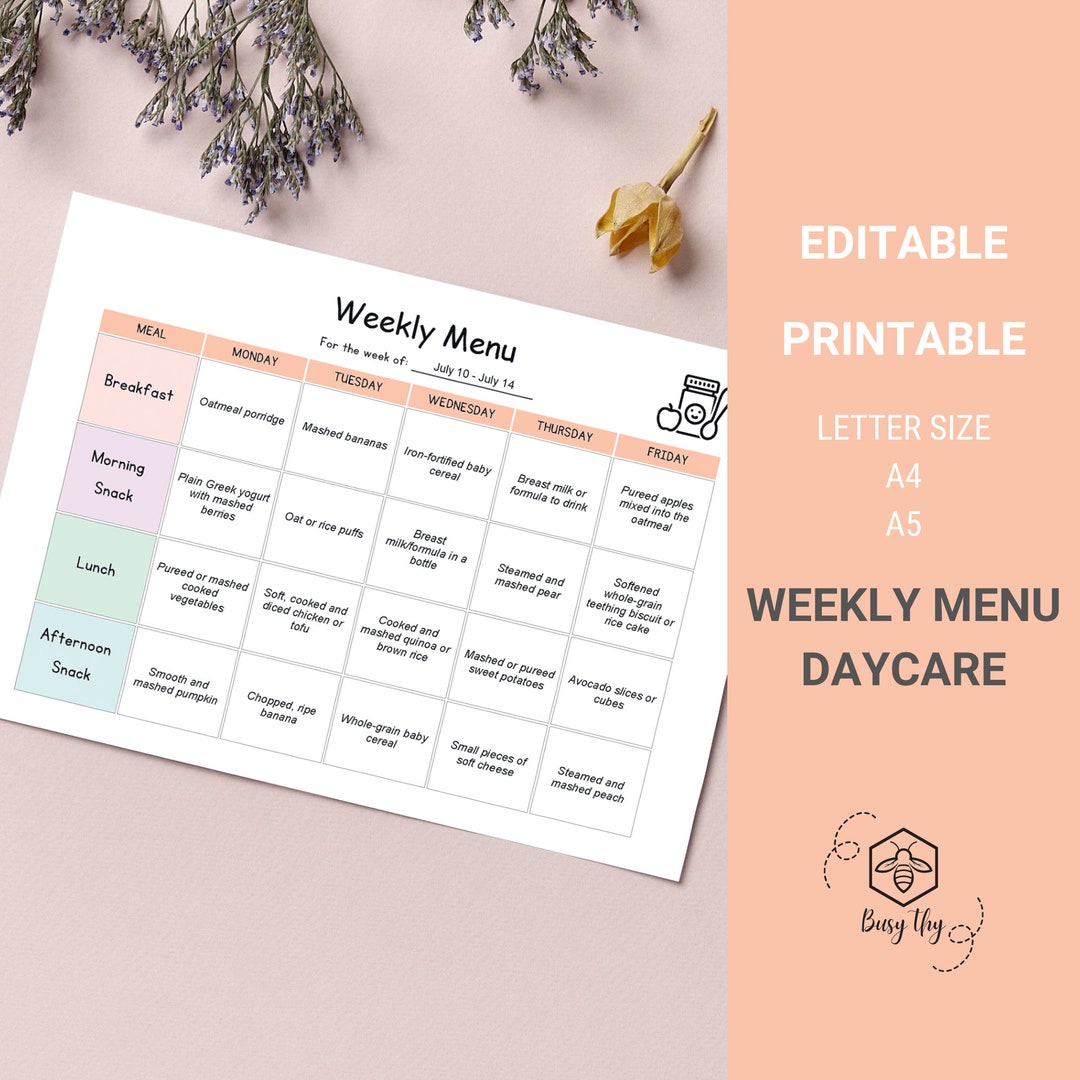 EDITABLE Daycare Meals, Printable Weekly Menu, Baby Meal Plan, Baby ...