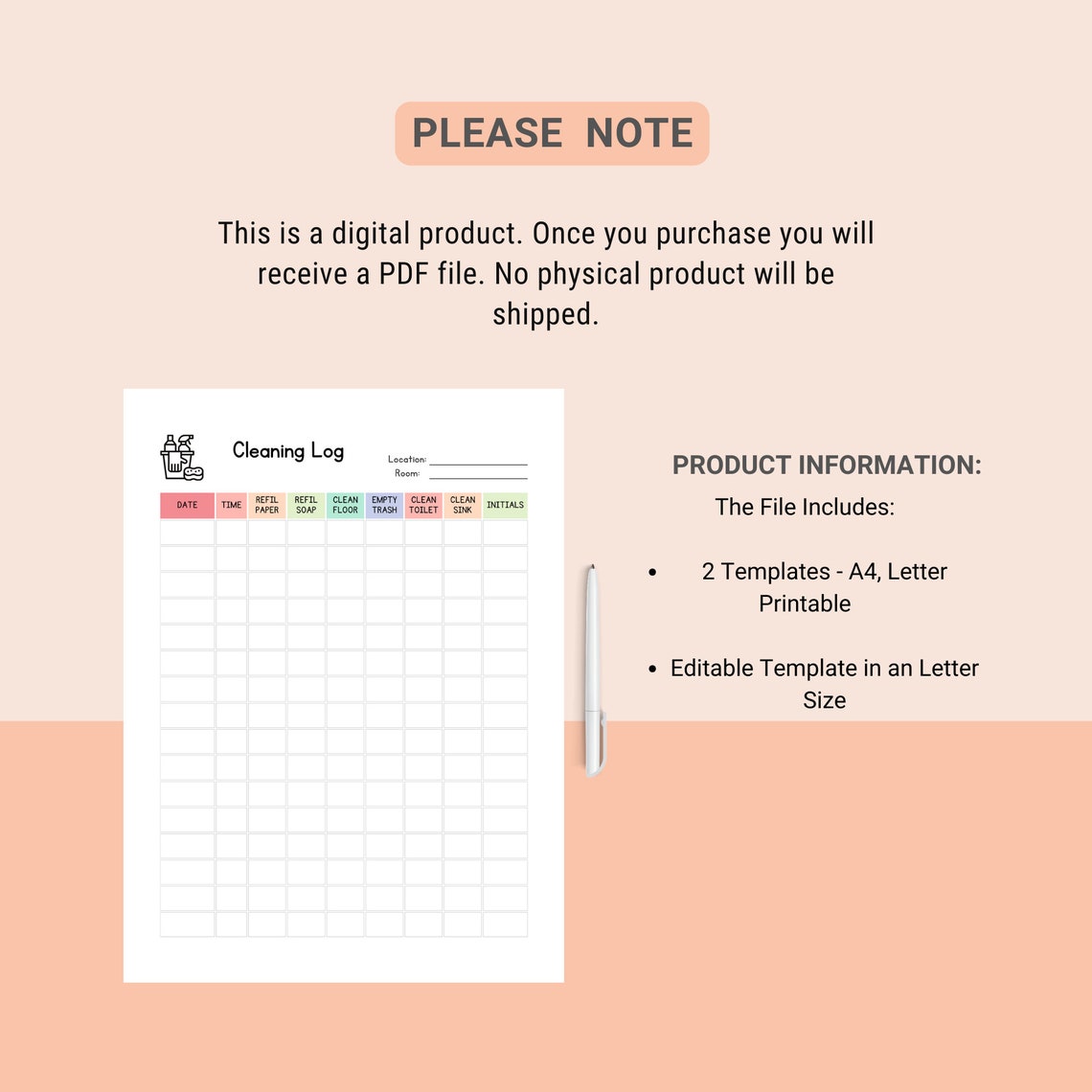 EDITABLE Restroom Cleaning Log Printable, Printable Cleaning Log for ...