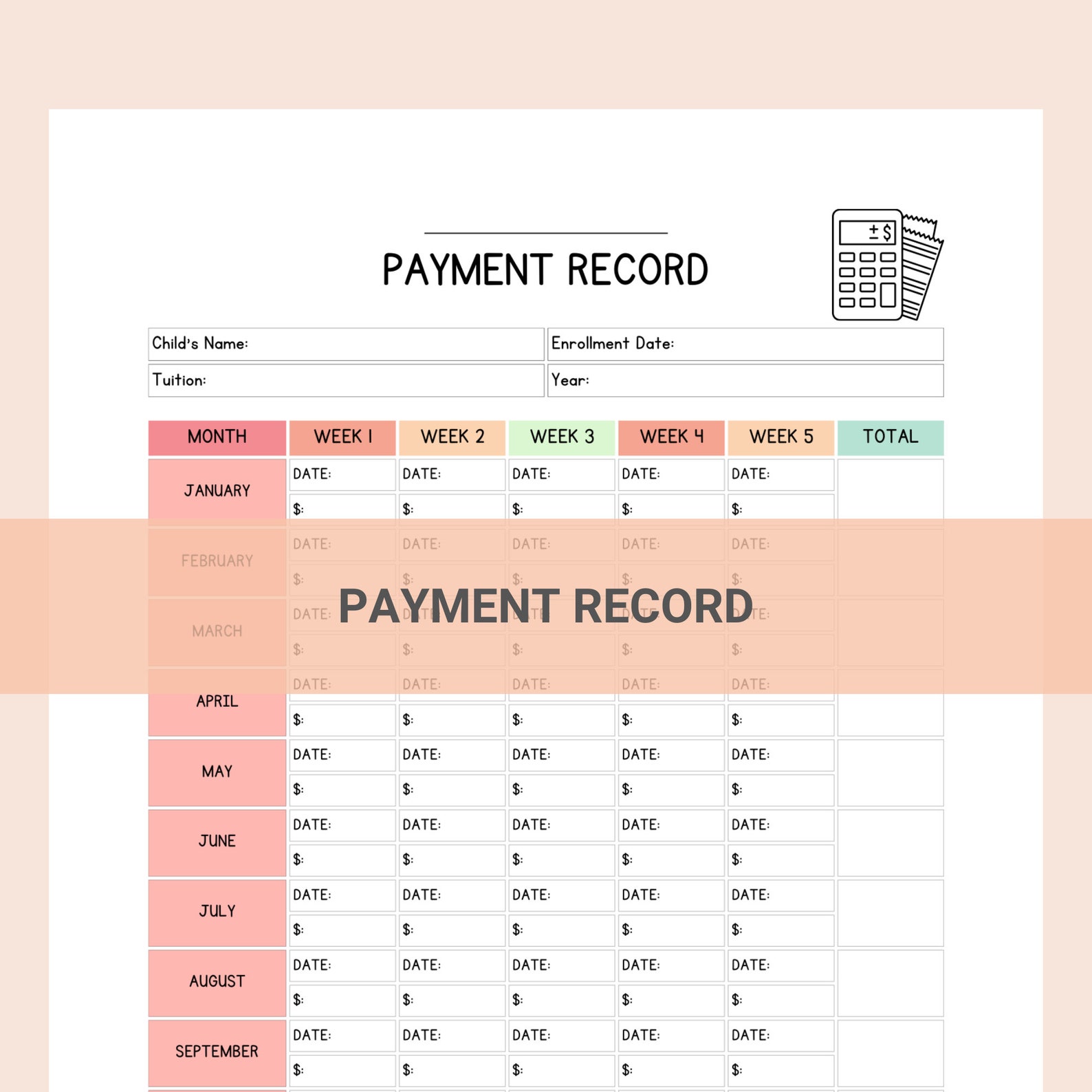 Editable Daycare Payment Tracker: Printable Record (letter/a4) - Etsy