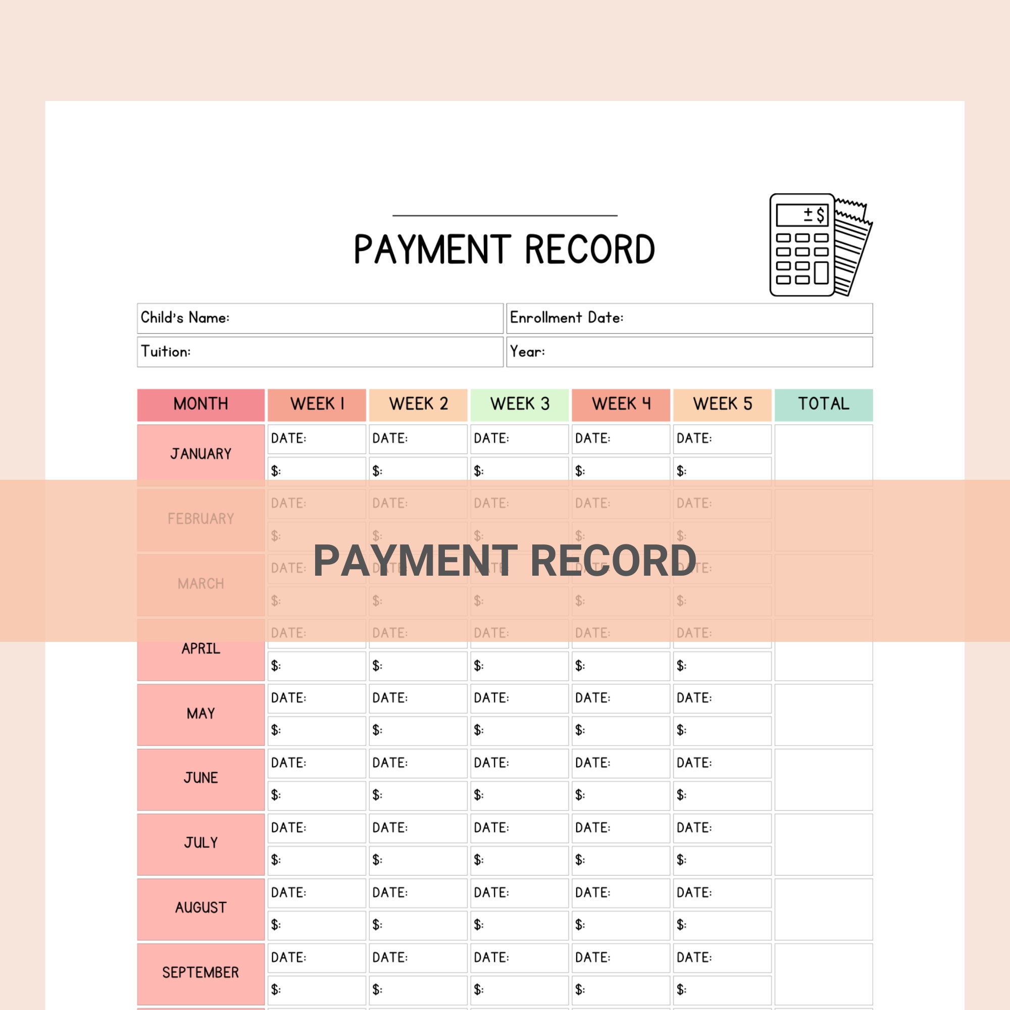 EDITABLE Daycare Payment Record, Daycare Payment Tracker, Printable ... EDITABLE Daycare Payment Record, Daycare Payment Tracker, Printable ...