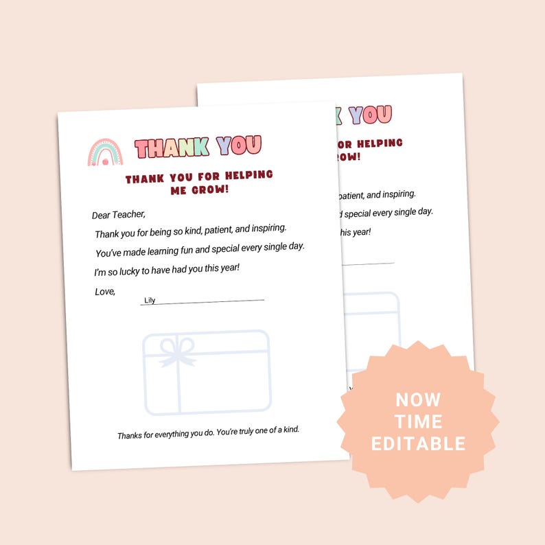 Teacher Thank You Card Printable: Fill-in-the-blank Letter (PDF ...