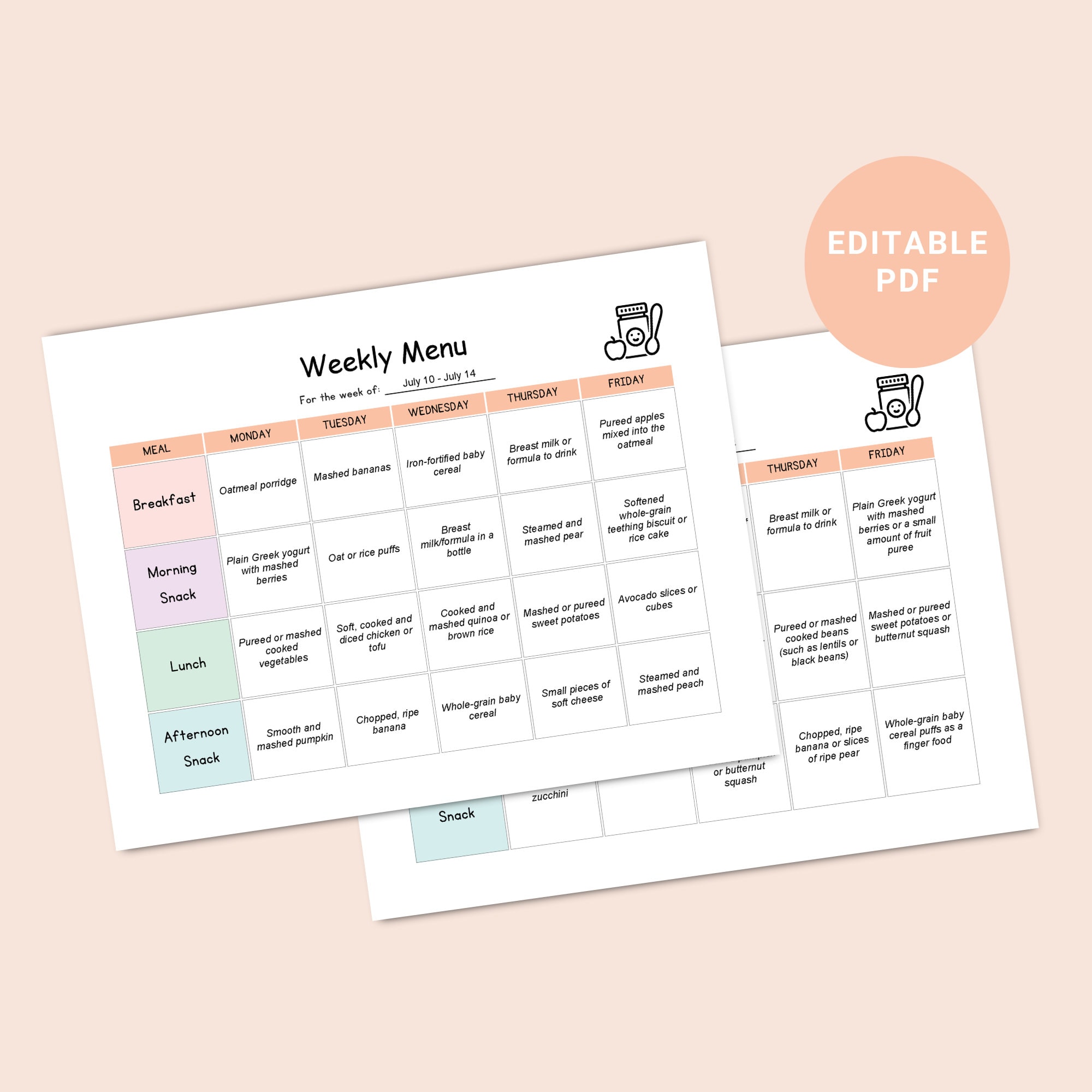 EDITABLE Daycare Meals, Printable Weekly Menu, Baby Meal Plan, Baby ...
