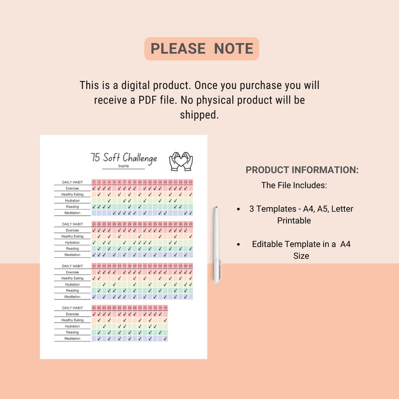 EDITABLE 75 Soft Challenge, Editable Fitness Planner, Take on the 75 ...