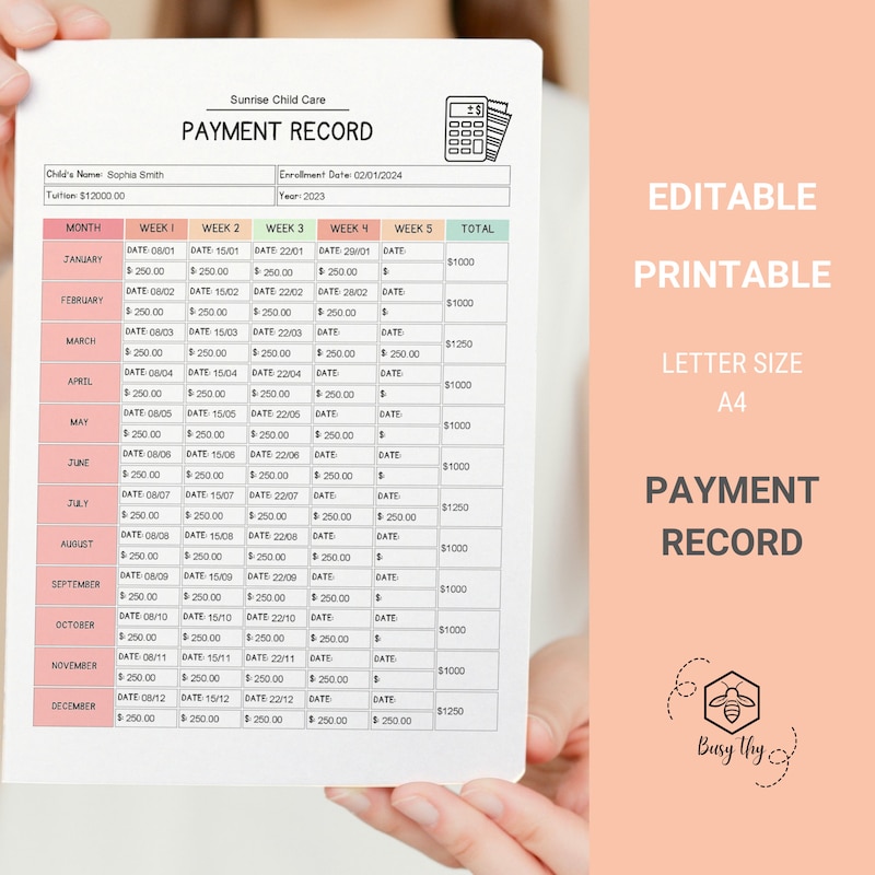 Daycare Payment Record - Etsy