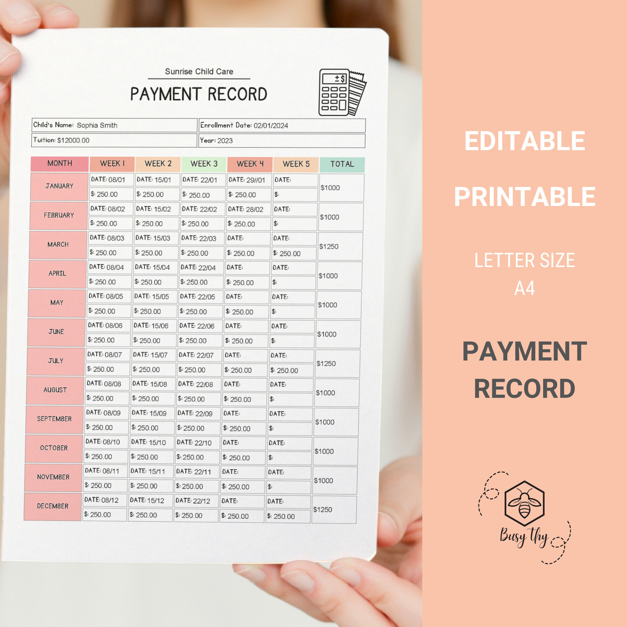 Editable Daycare Payment Tracker: Printable Record (letter/a4) - Etsy