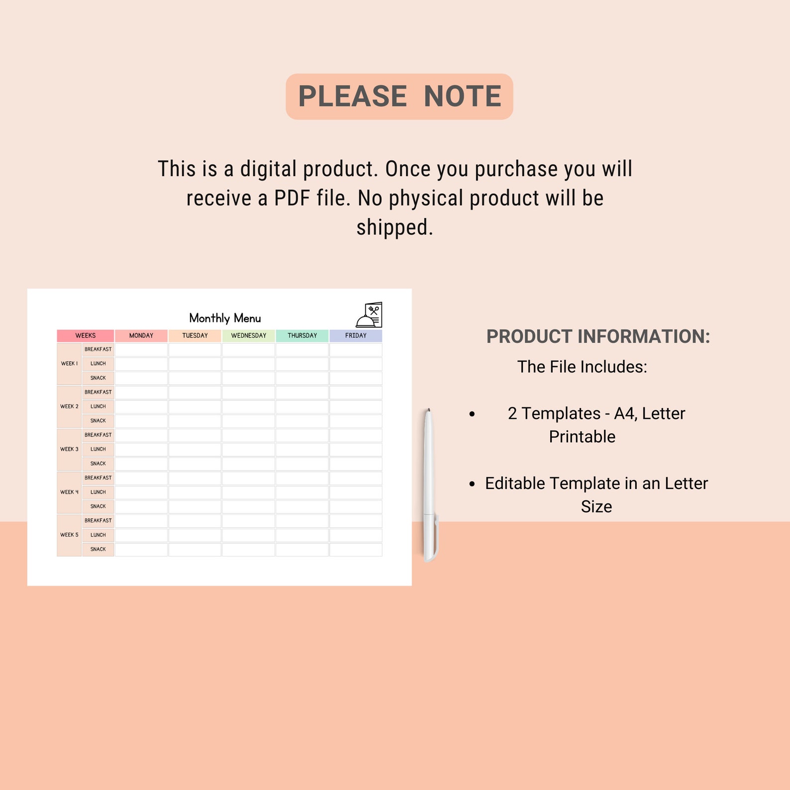 EDITABLE Printable Monthly Daycare Menu, Daycare Menu, Monthly Meal ...
