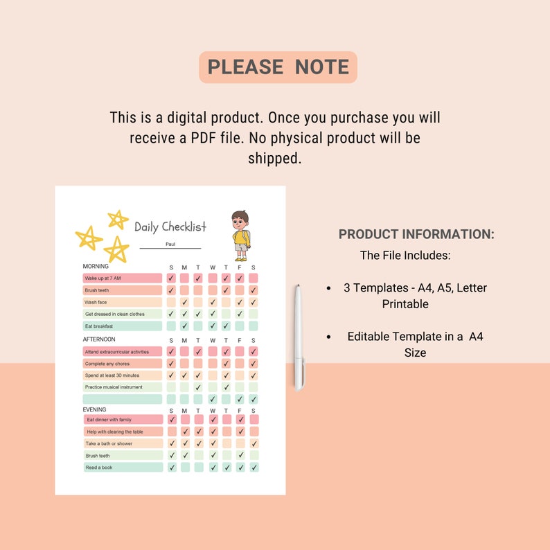 Editable Kids Daily Checklist: School Schedule, Chore Chart (PDF) - Etsy