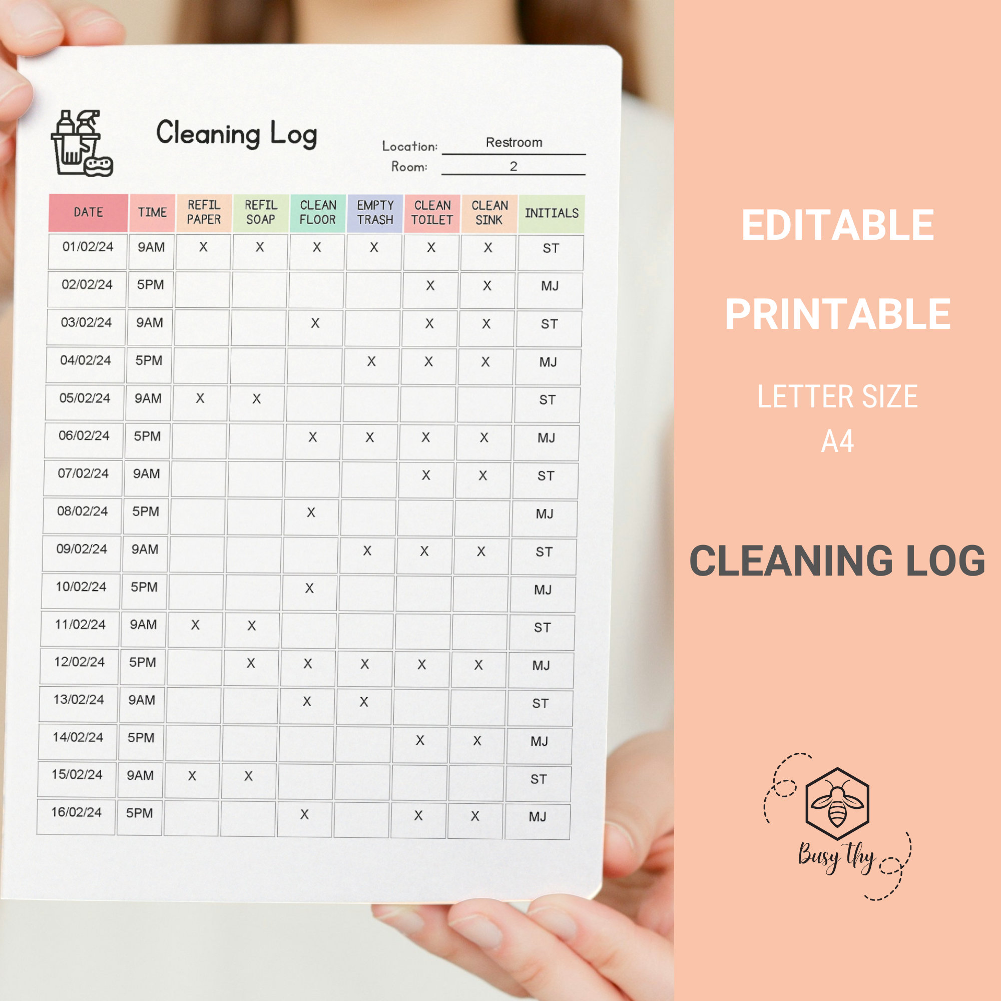 EDITABLE Restroom Cleaning Log Printable, Printable Cleaning Log for ...