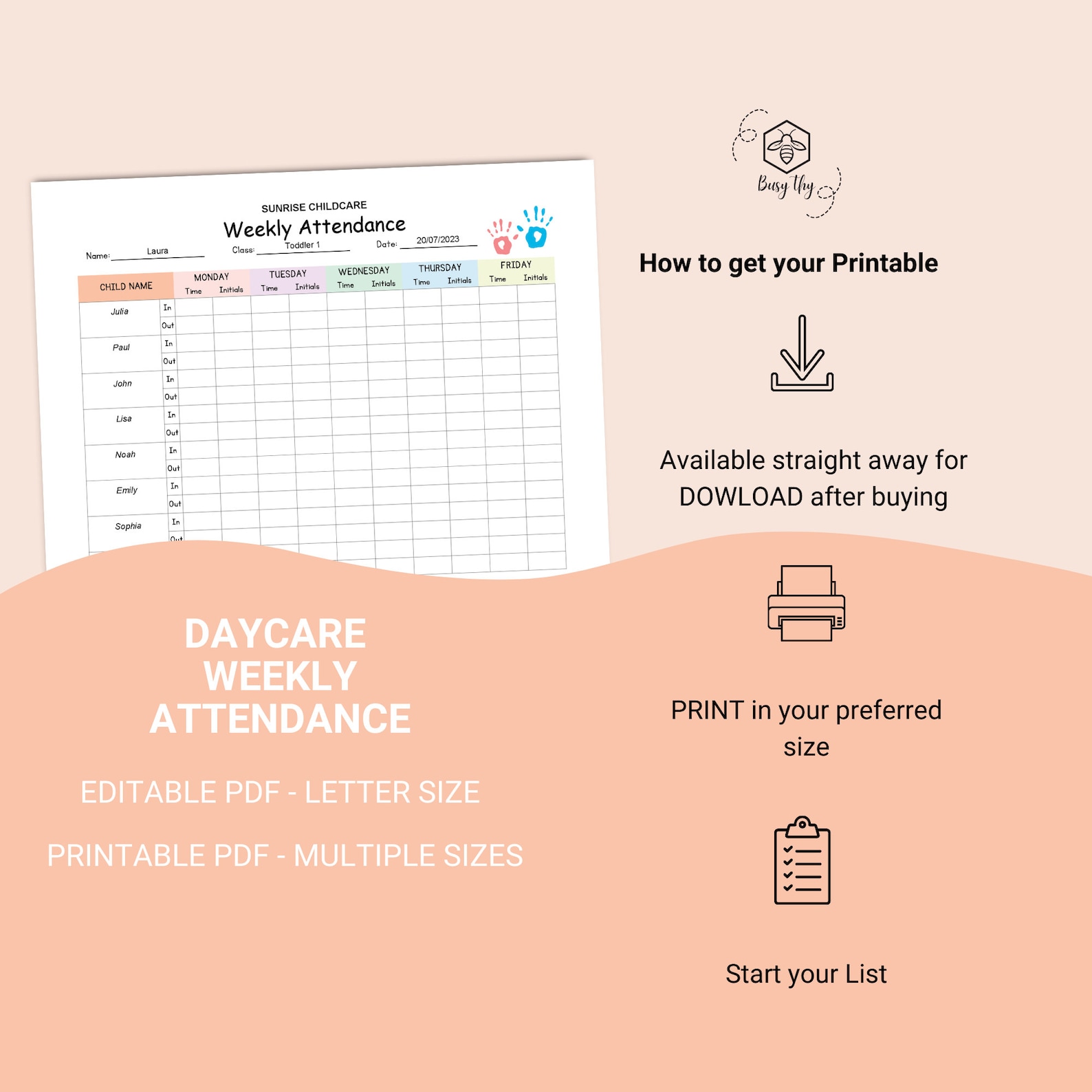 Editable Weekly Daycare Attendance Tracker (letter & A4 PDF) - Etsy