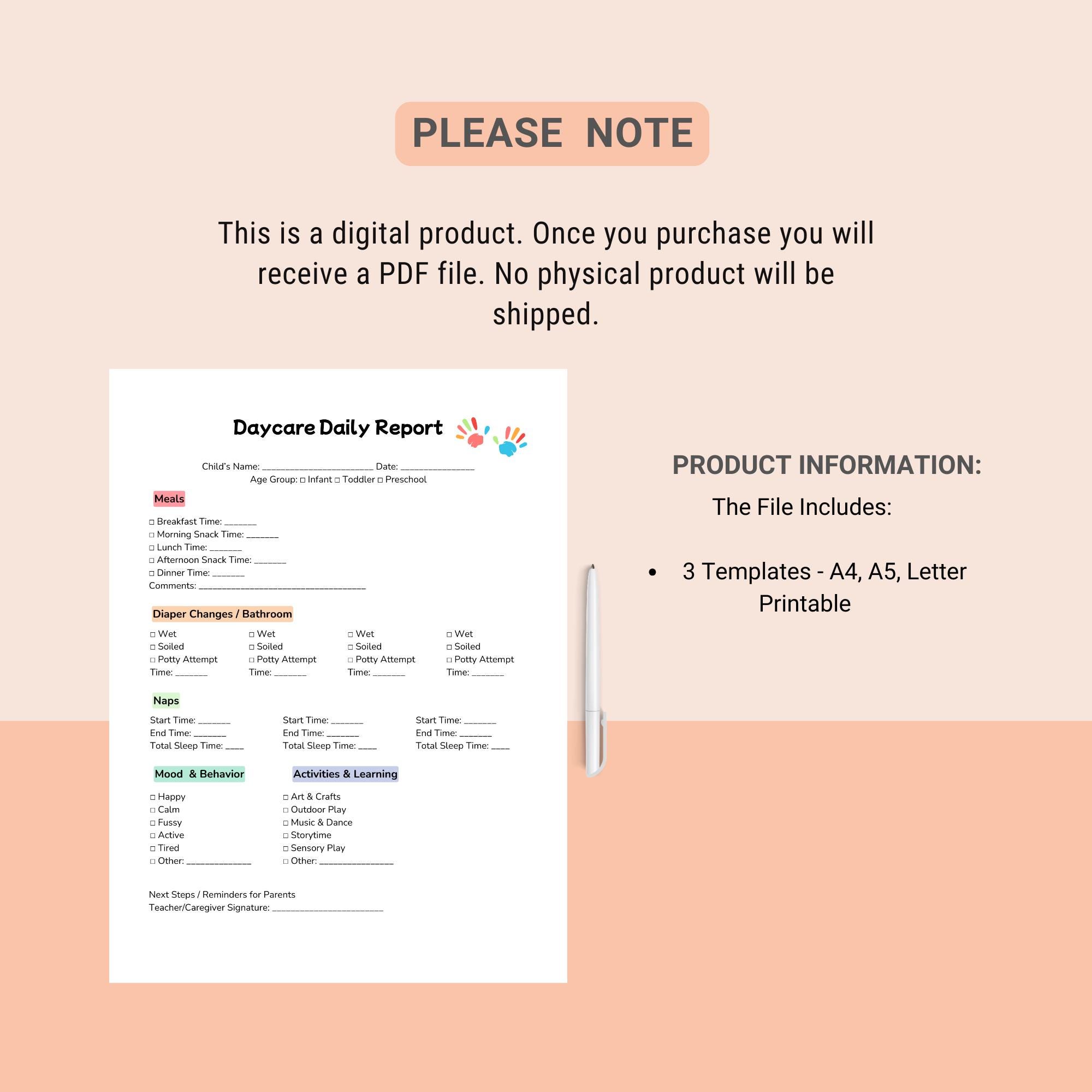 Printable Daycare Daily Report: Infant & Toddler Communication Log (PDF ...