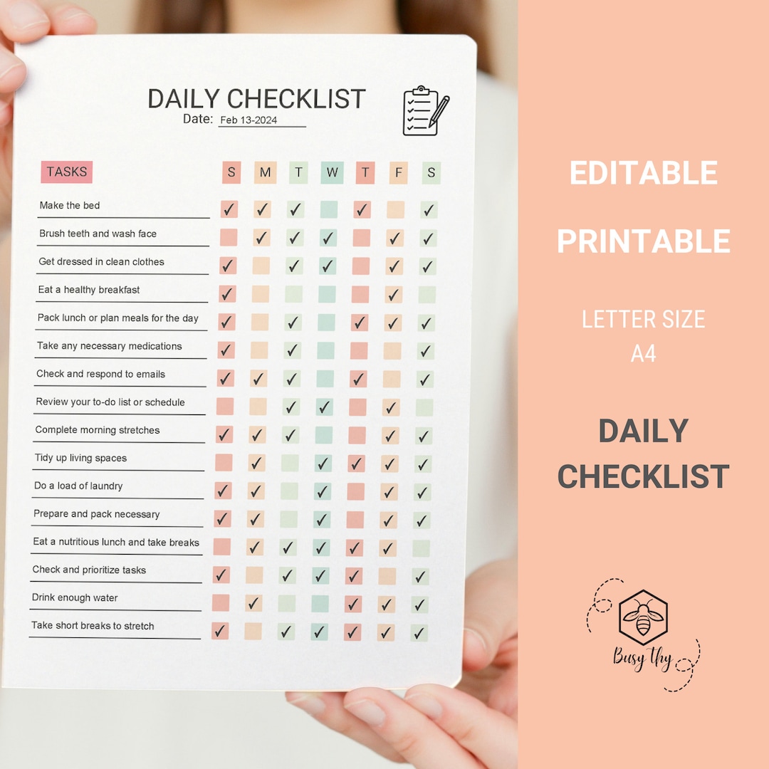 Editable Daily Checklist: Weekly Task Planner (letter & A4 PDF) - Etsy